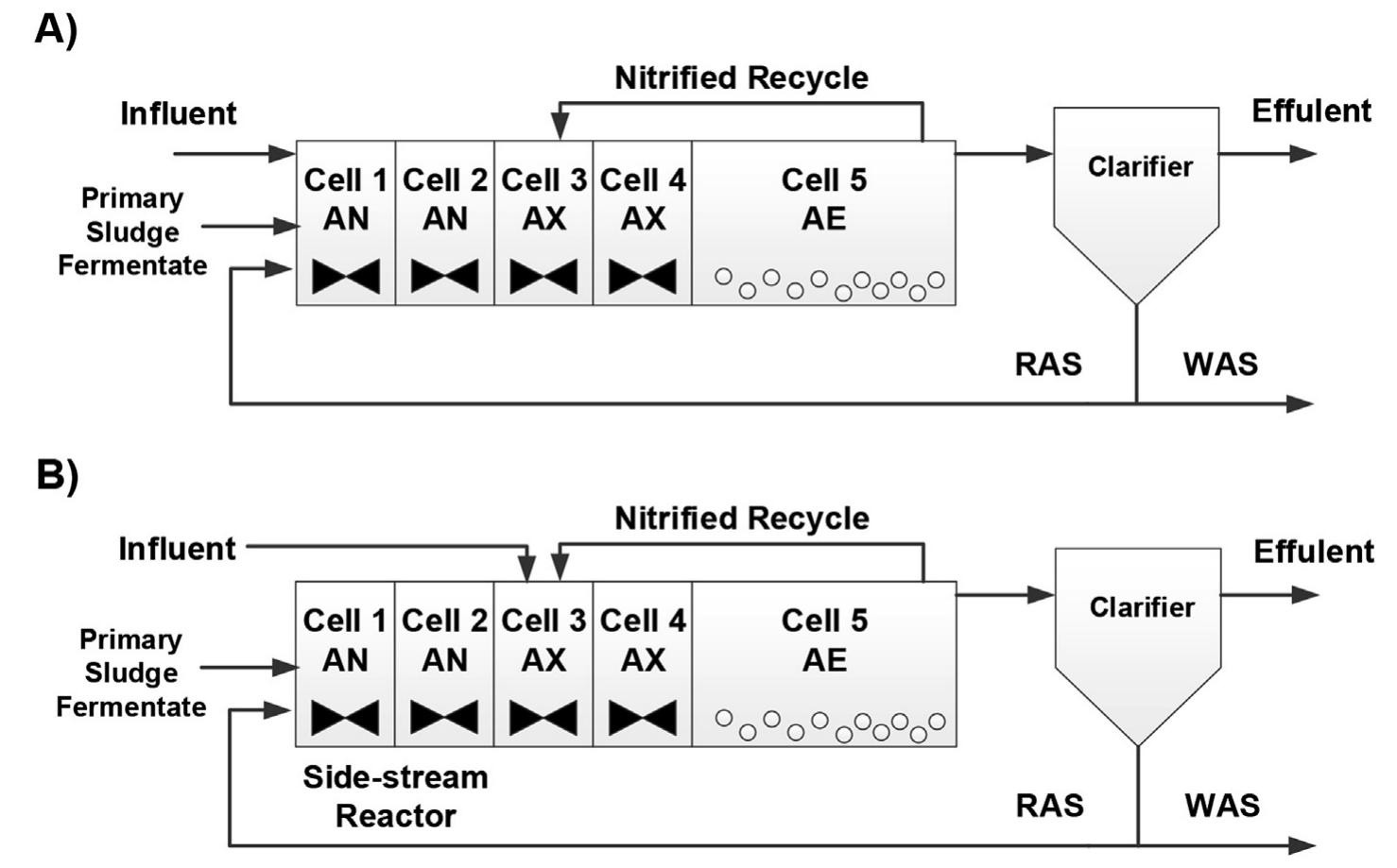 Schematic flow diagrams of two parallel treatment trains in