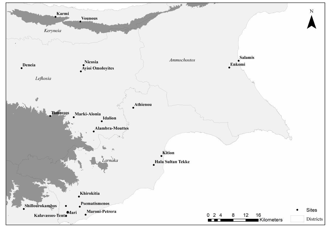 Map of central-eastern cyprus indicating the sites where