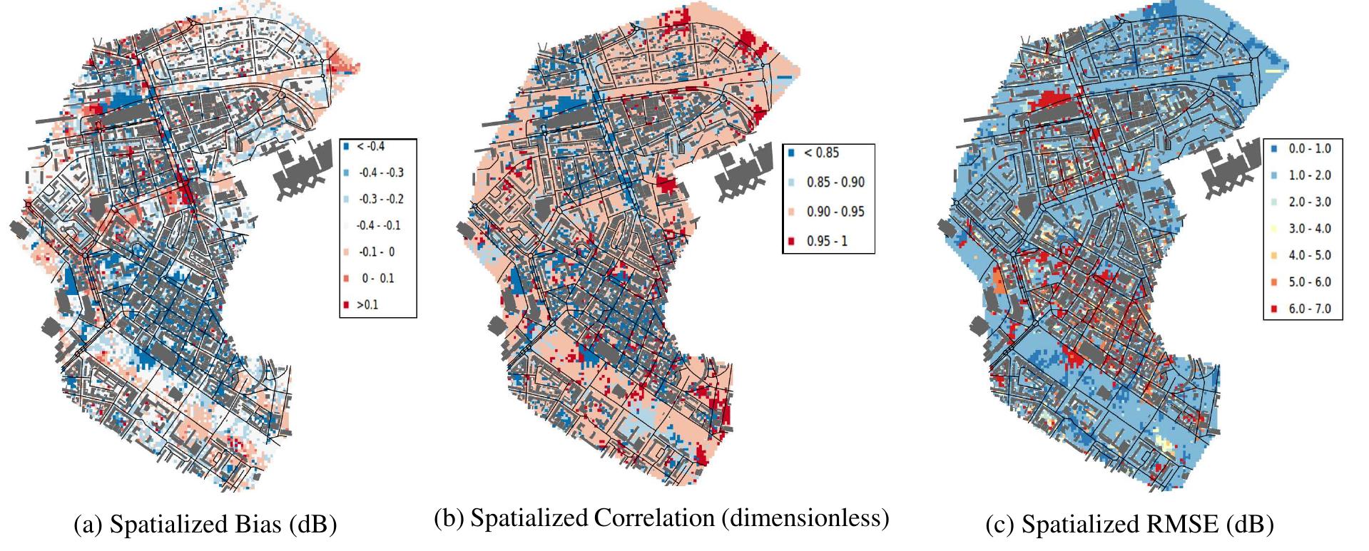 Maps of bias, correlation and rmse between the kriging