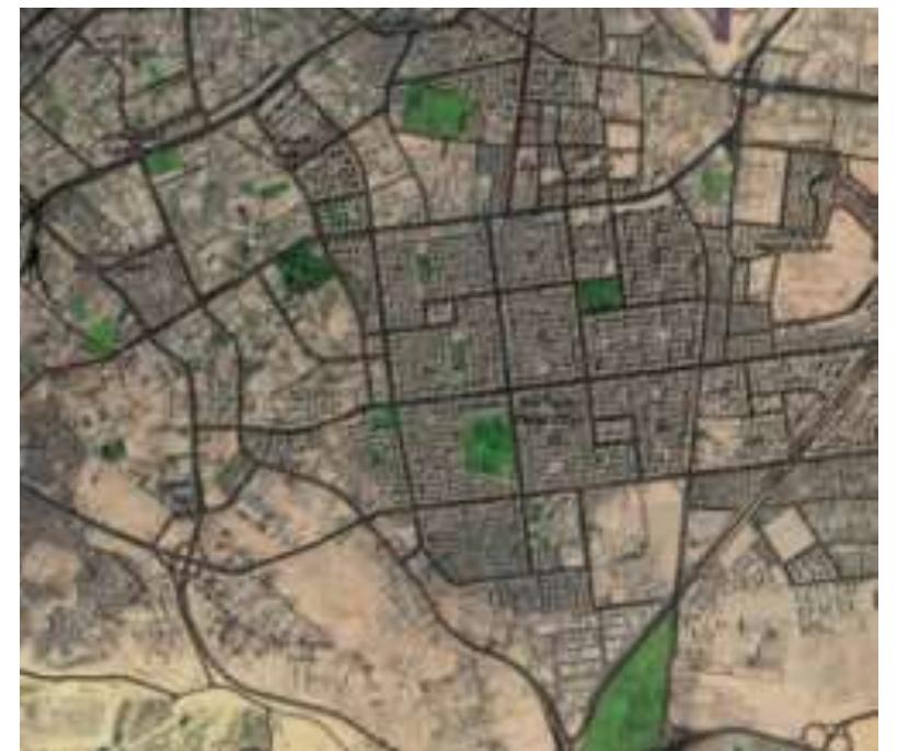 Nasr city satellite image with green areas highlighted.