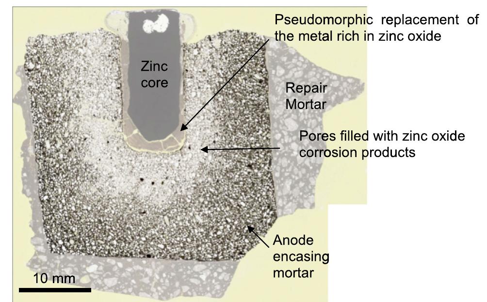 Polished cross section of 10-year old anode, illuminated by