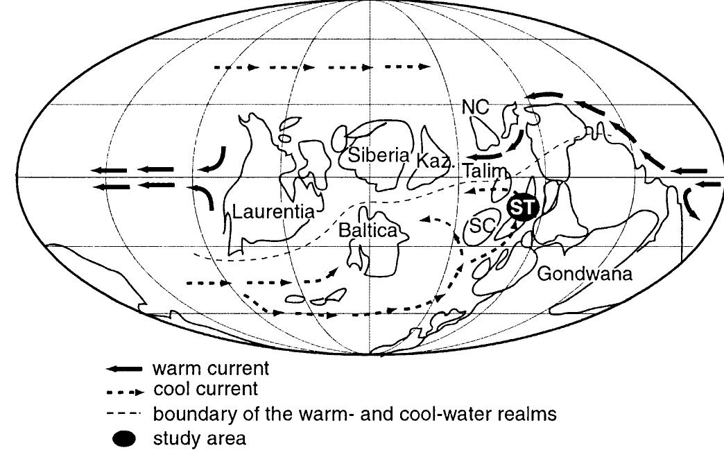 —late ordovician paleogeographic map, showing the current