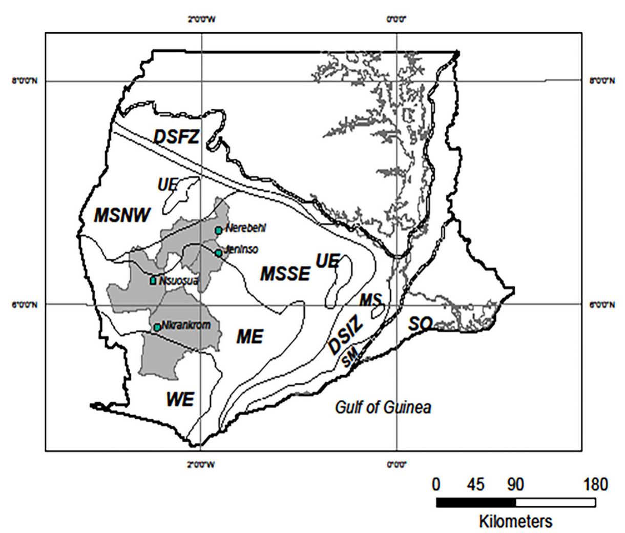 Map of southern ghana showing four shaded districts