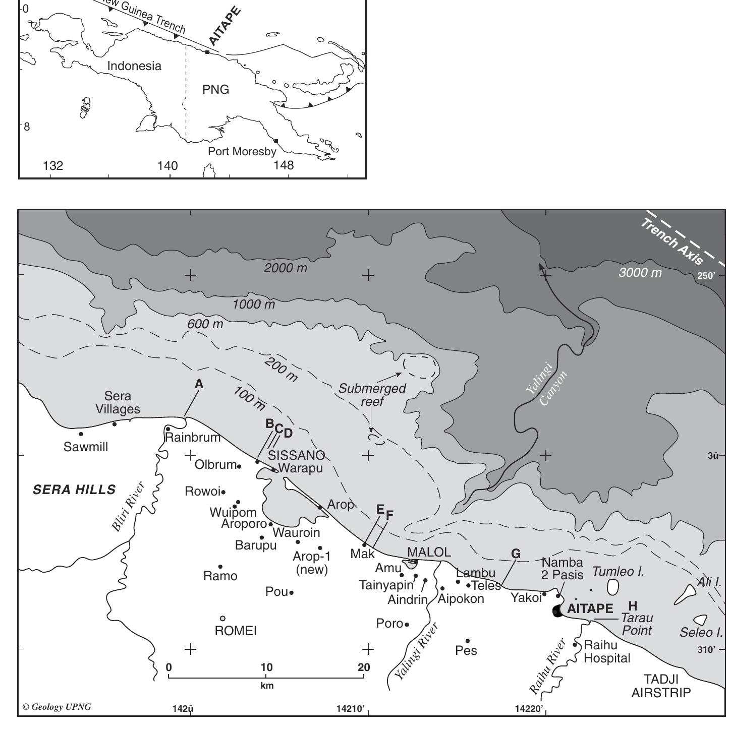 | locality map and map of the aitape coast. bathymetry is