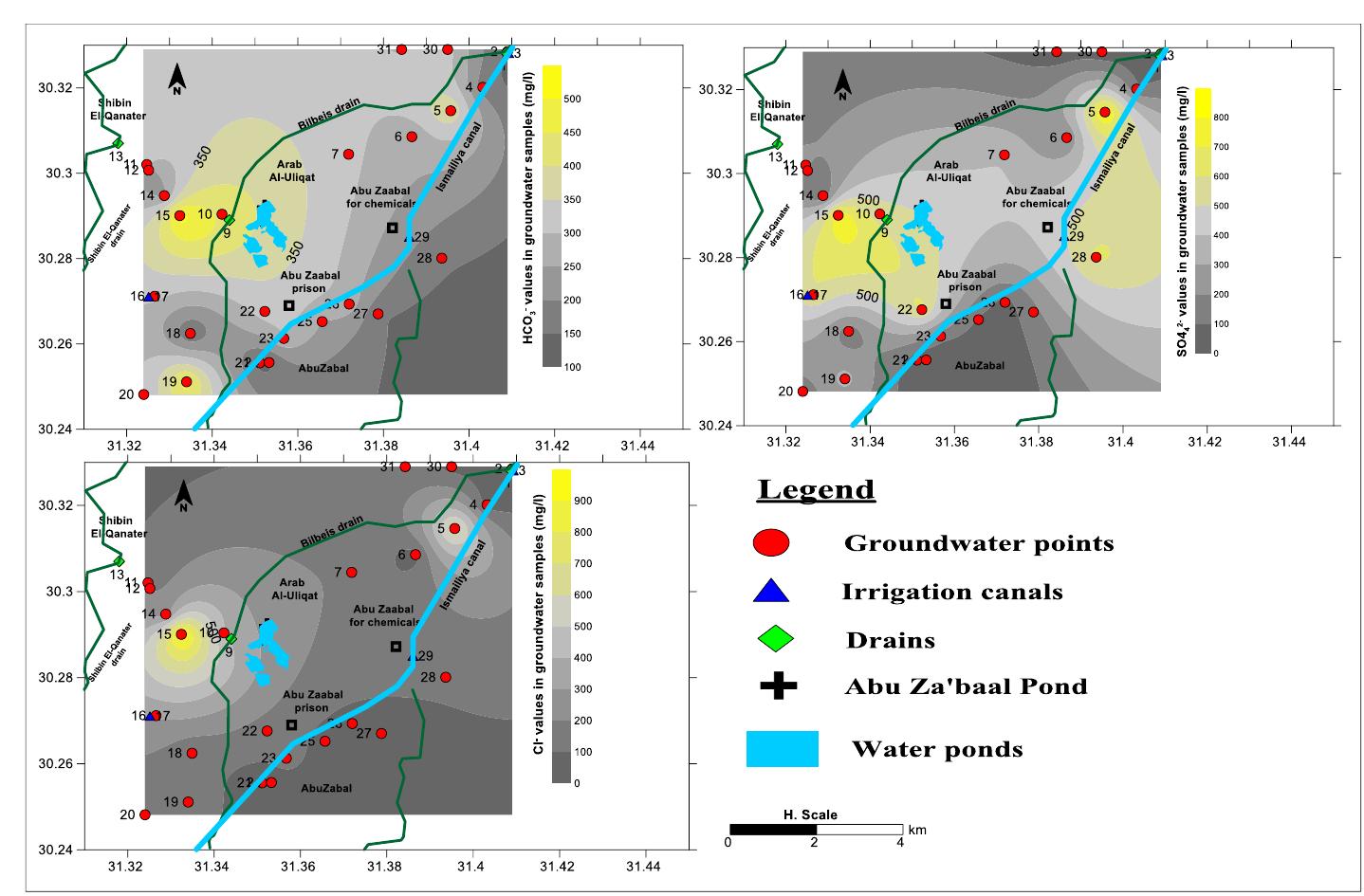 Spatial distribution map of anions concentrations in the