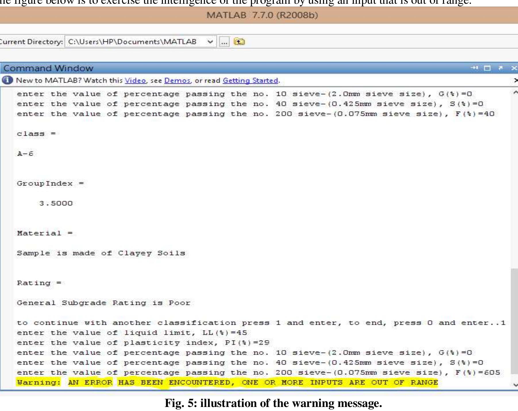 Table 5 - A Matlab ® Program for Soil Classification Using