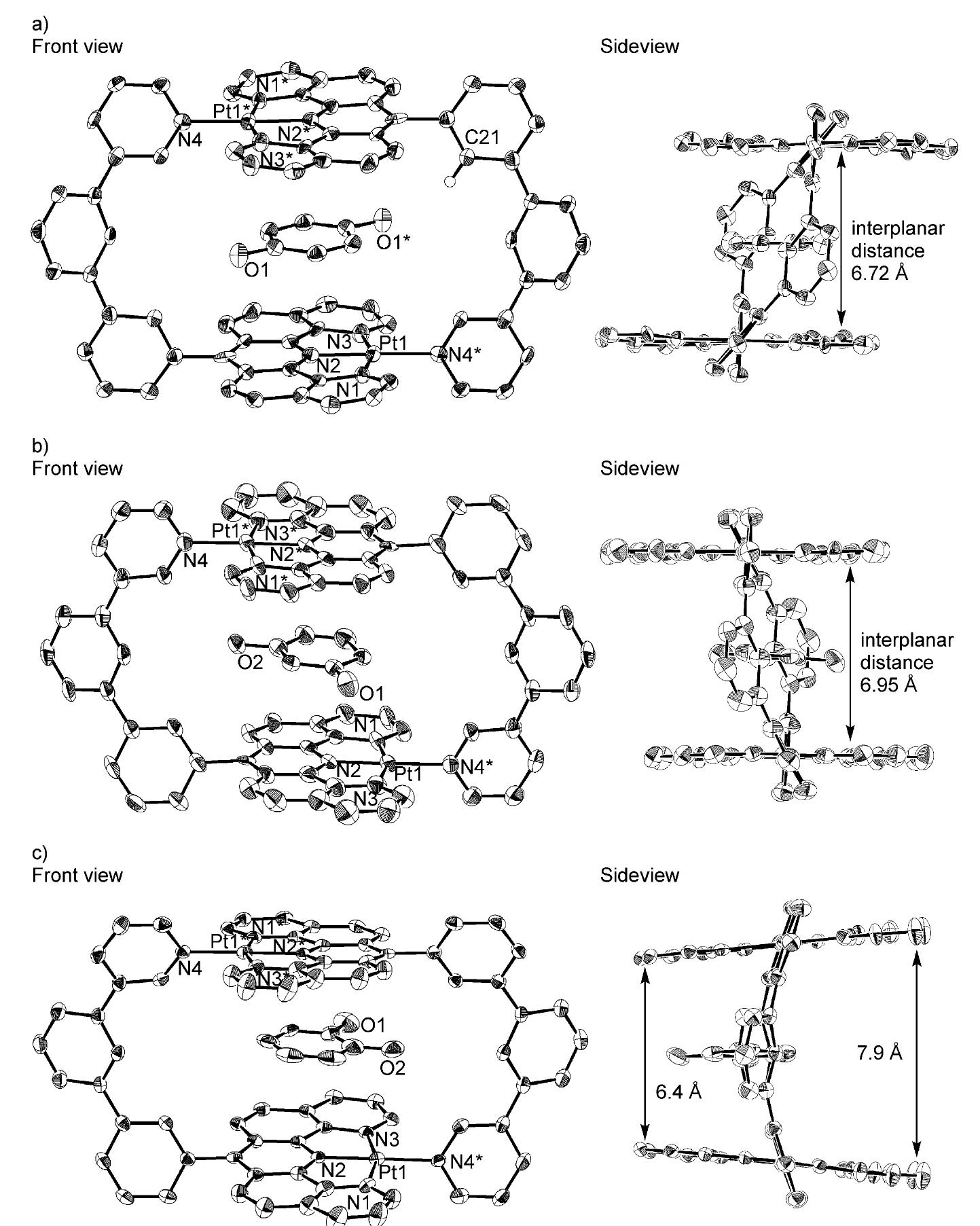 Crystal structures of a) 1**-benzene-1,4-diol, b)