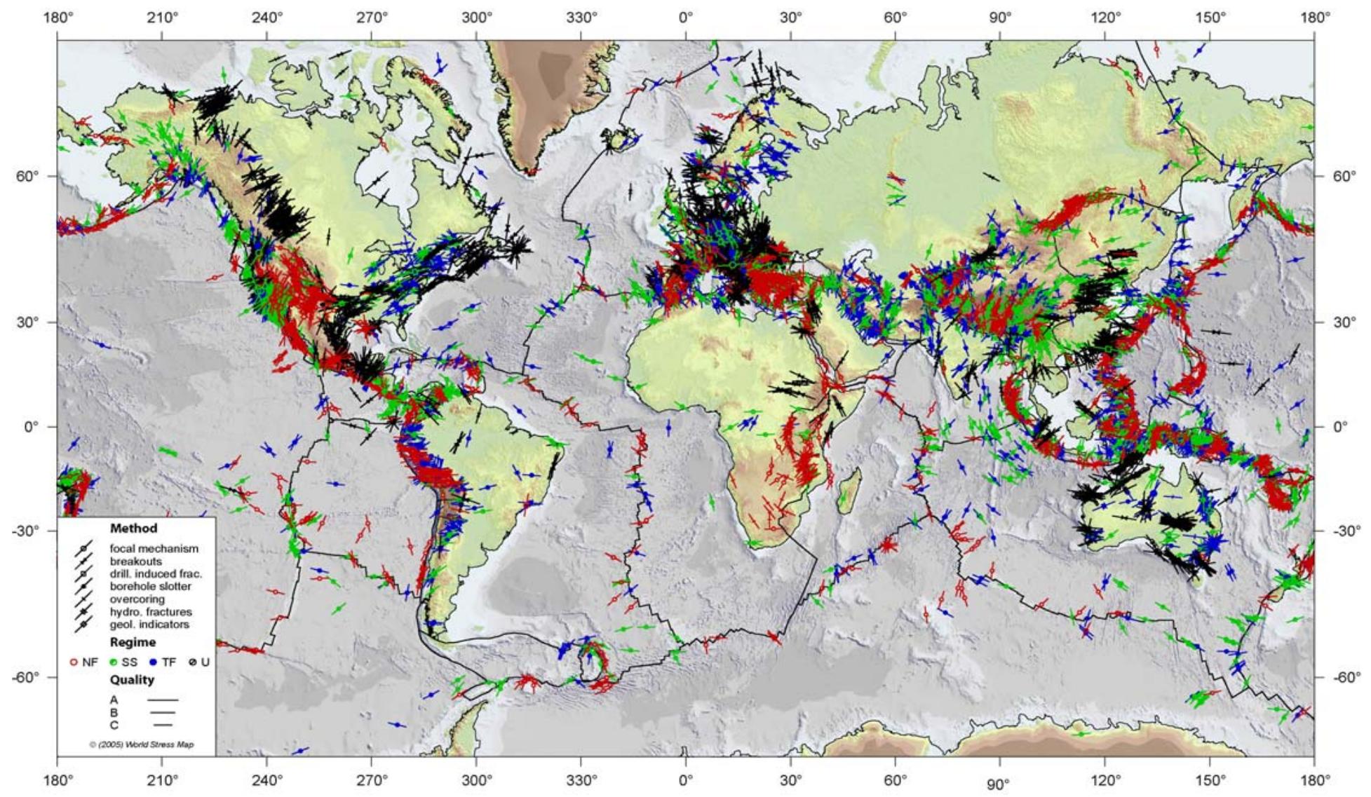 1 world stress map 2005. the long axis of the symbols