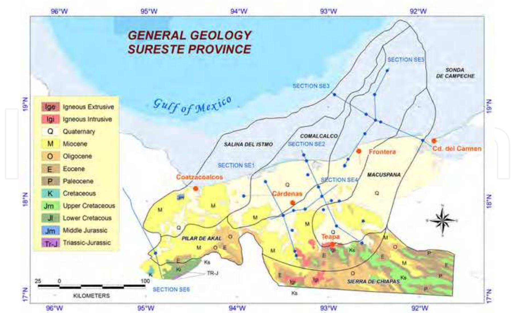 Simplified geologic map of the sureste province. it shows