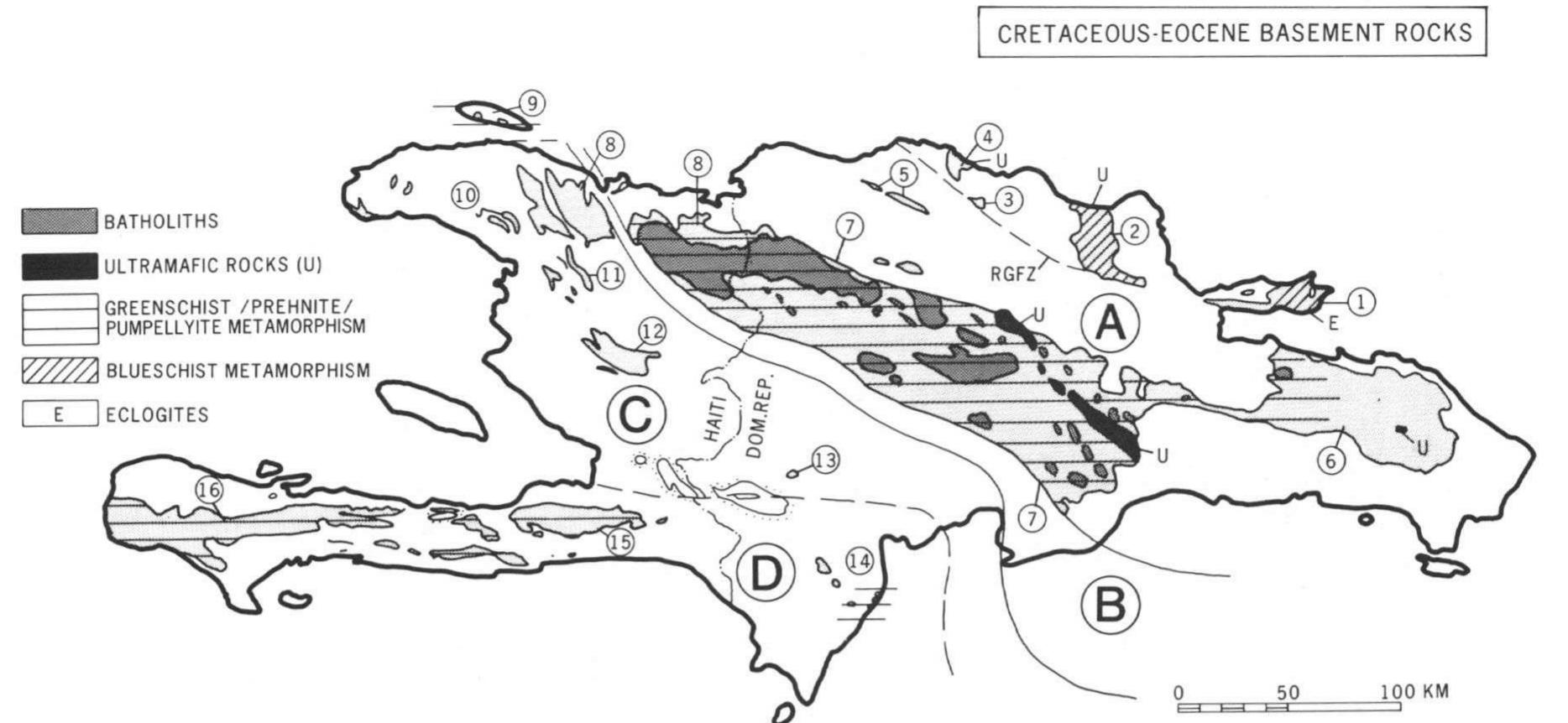 Map showing cretaceous-eocene basement rocks of hispaniola