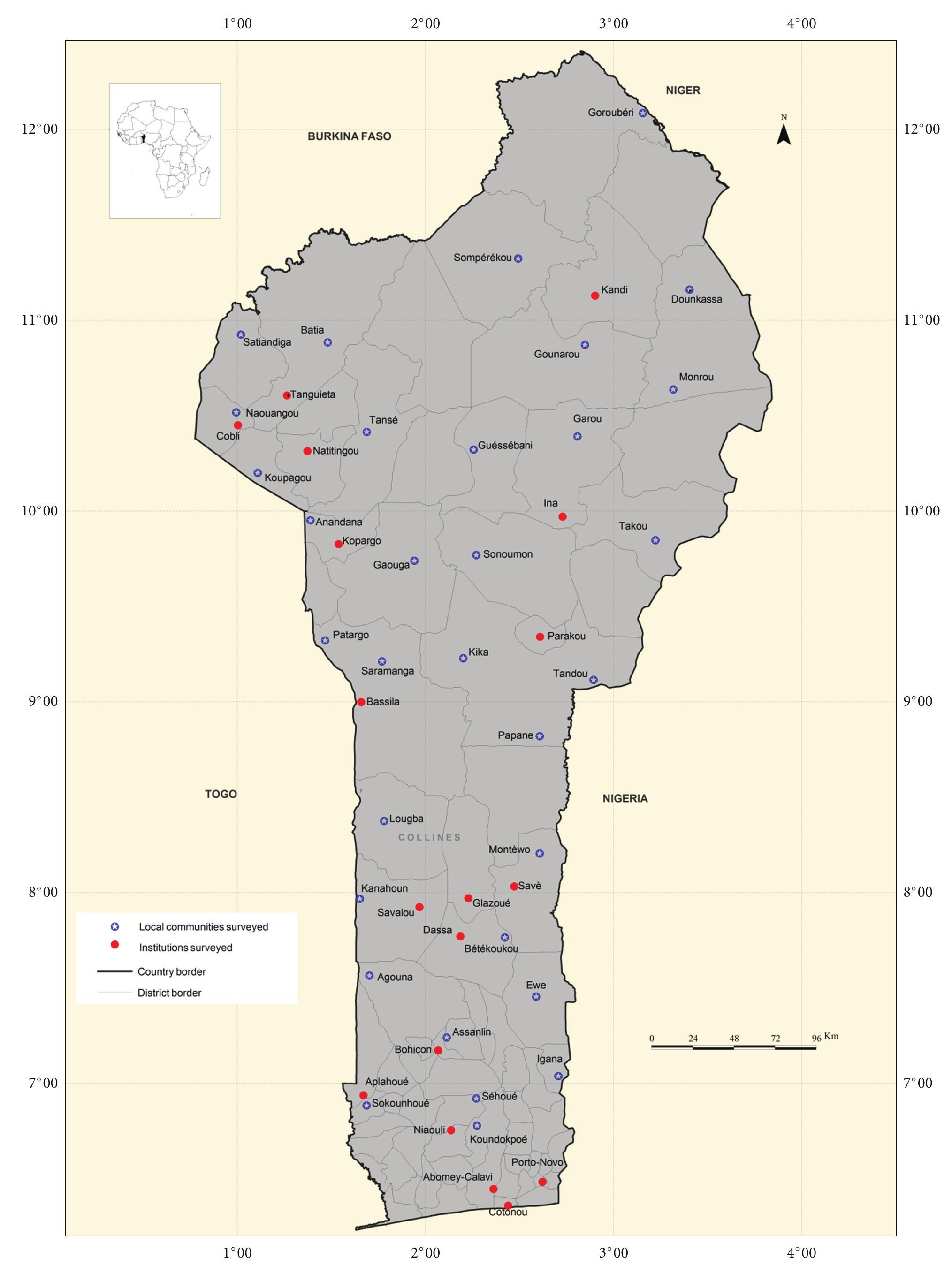 Benin map showing the geographical location of the villages