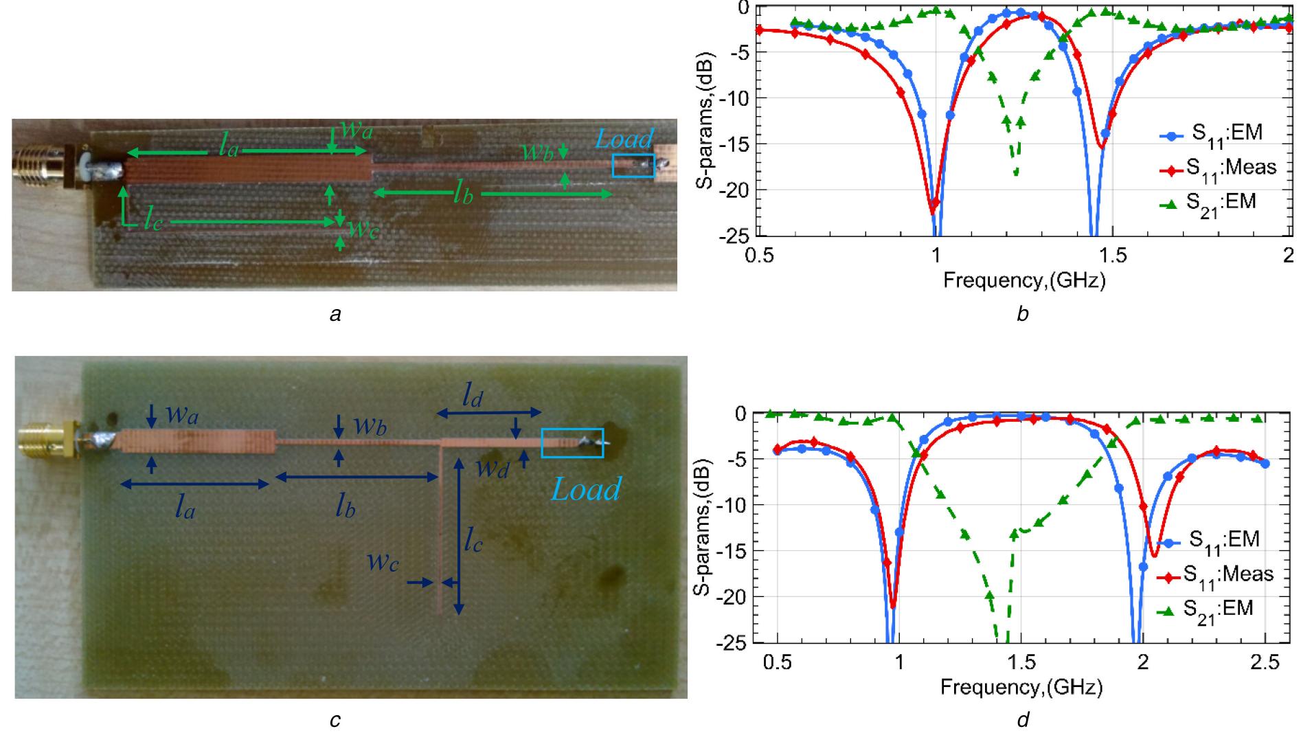 Fabricated dual-band l- and t-type matching networks and