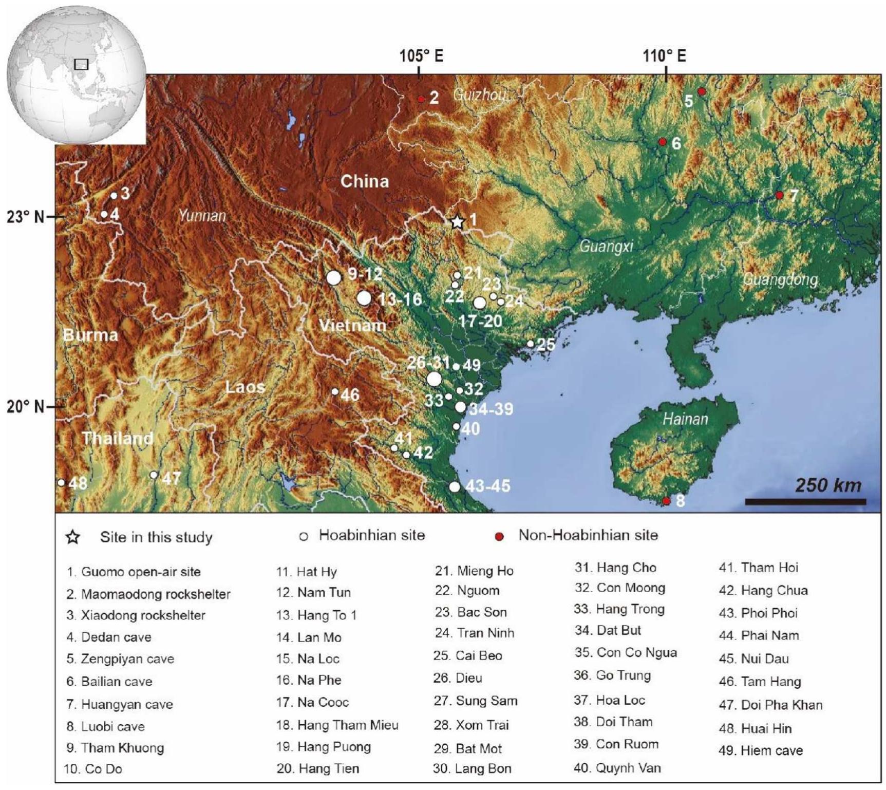 Location of the guomo open-air site and major hoabinhian