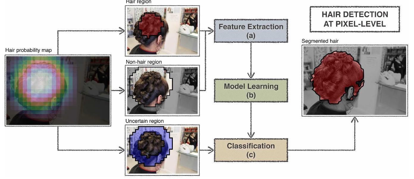 Hair segmentation at pixel level: a) feature extraction from