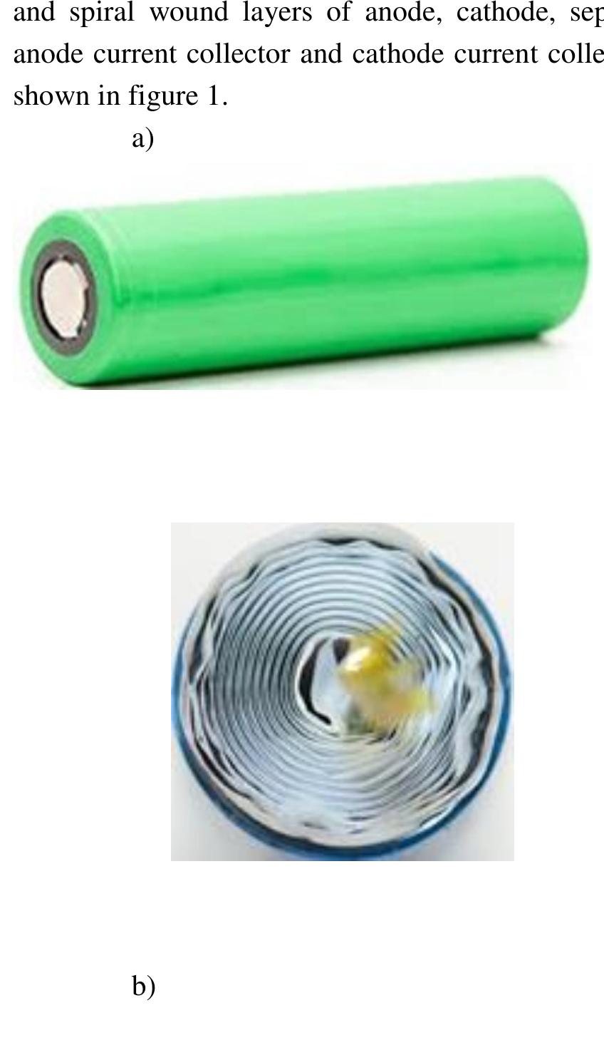 A) 18650 lithium ion cylindrical cell b) spiral wound layers