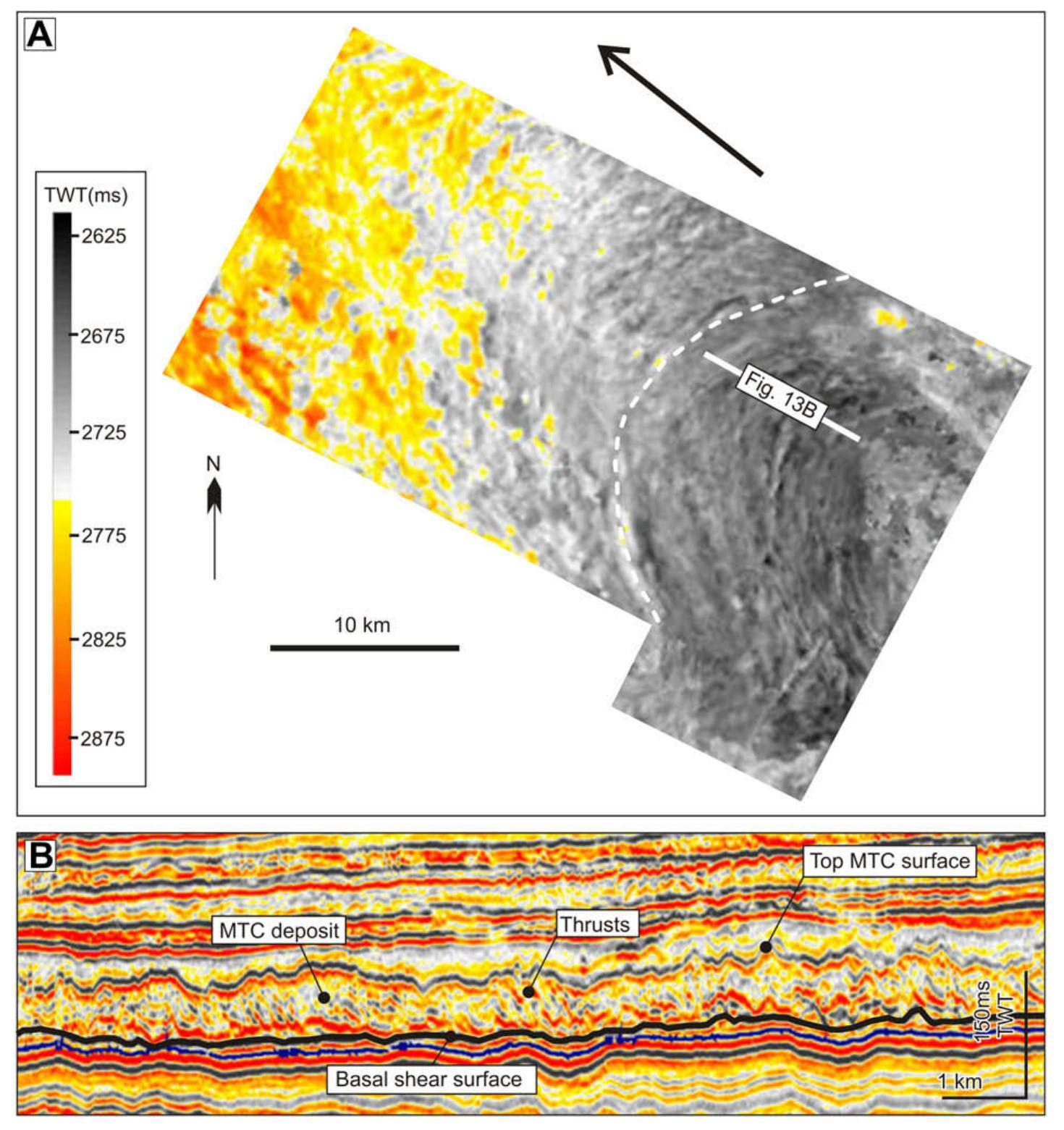 Example of pressure ridges. (a) time structure map of the