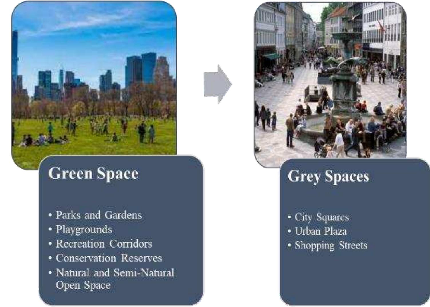 Types of open public spaces, showcasing green space and grey
