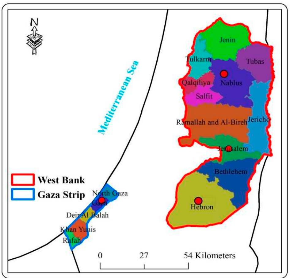 The map shows the different parts of palestine (west bank