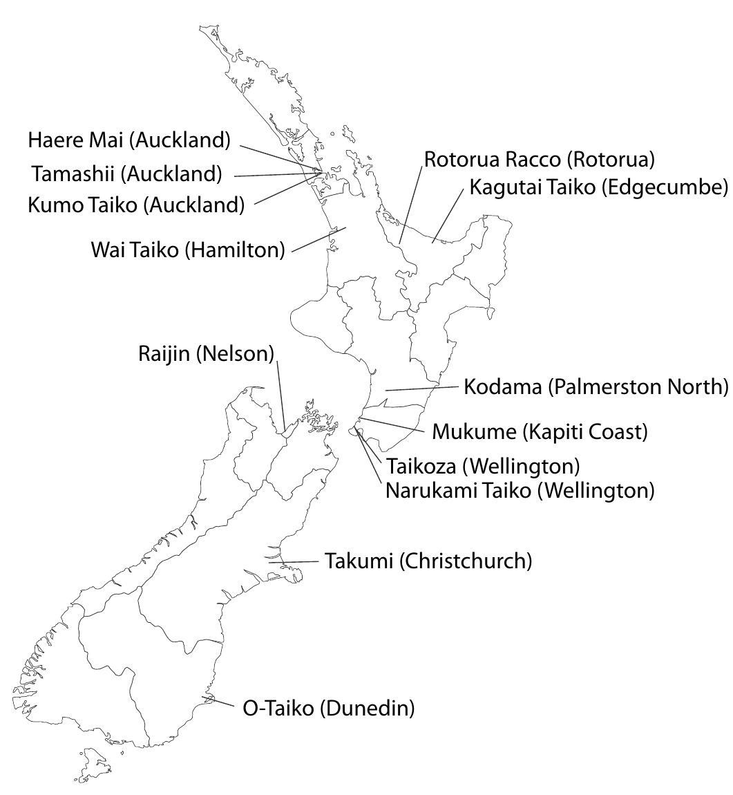 Geographic location of new zealand’s taiko groups. modified