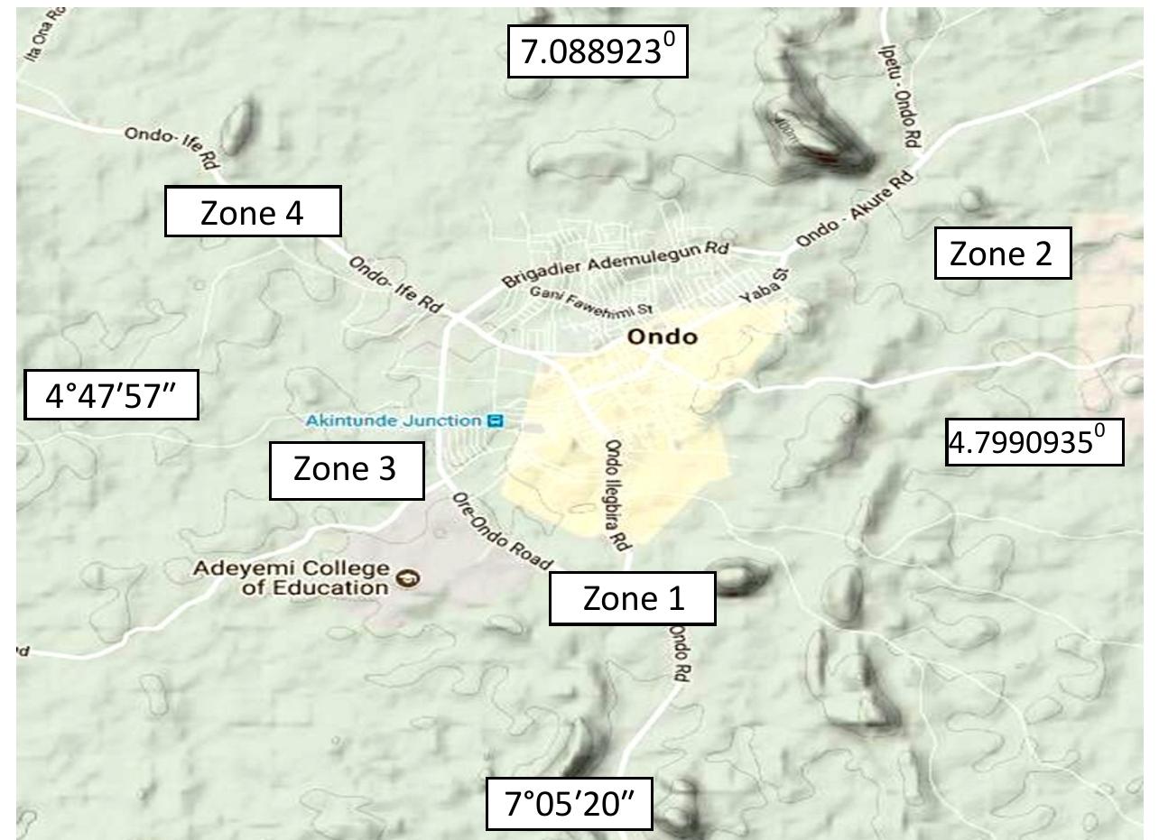 Modified ondo google satellite map showing zones of sample
