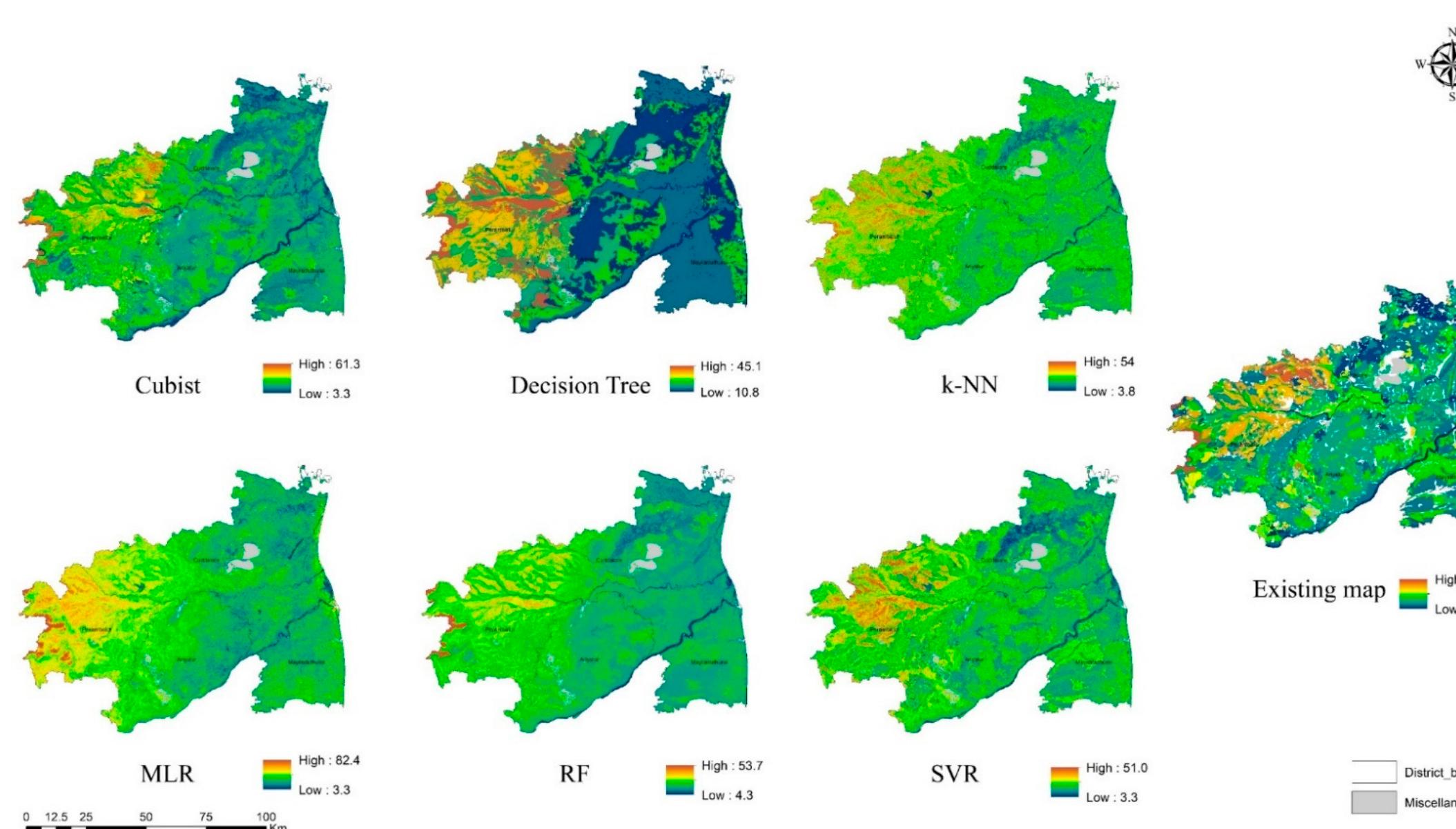 Existing and predicted maps of ph using different machine