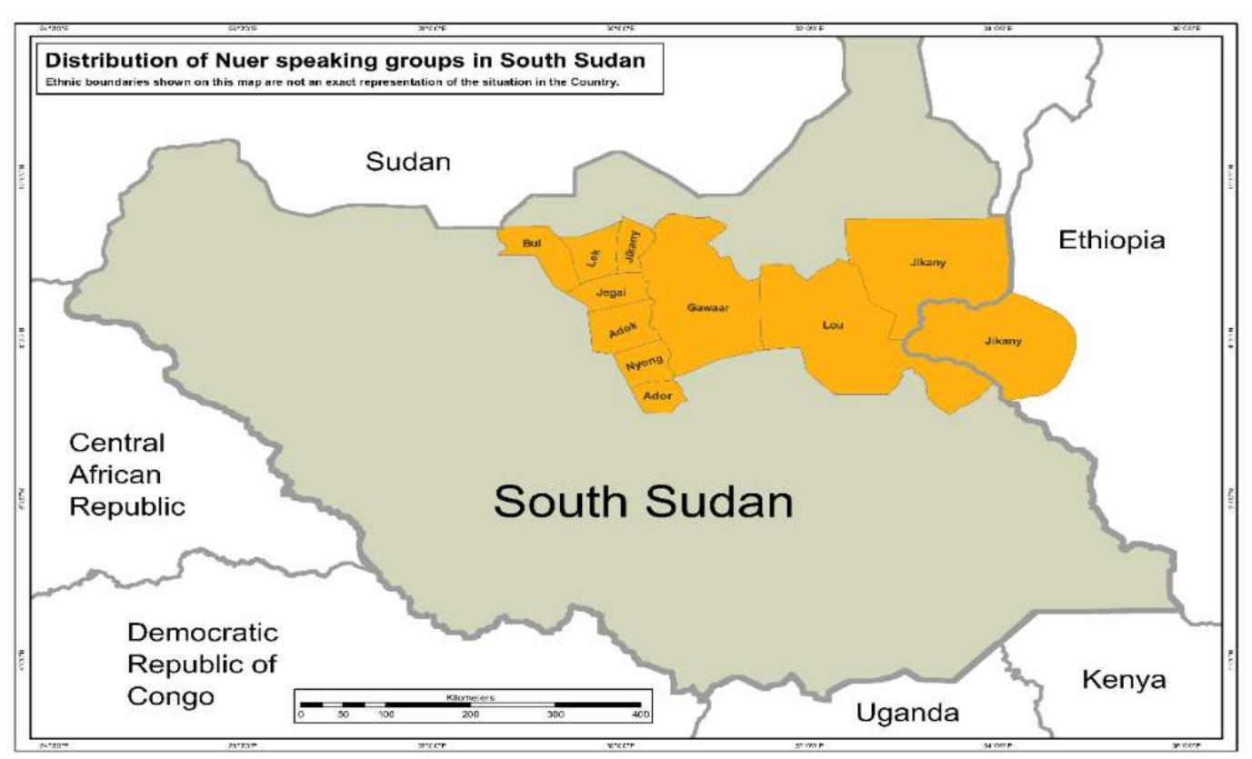 Map of nuer-speaking clans in south sudan and ethiopia