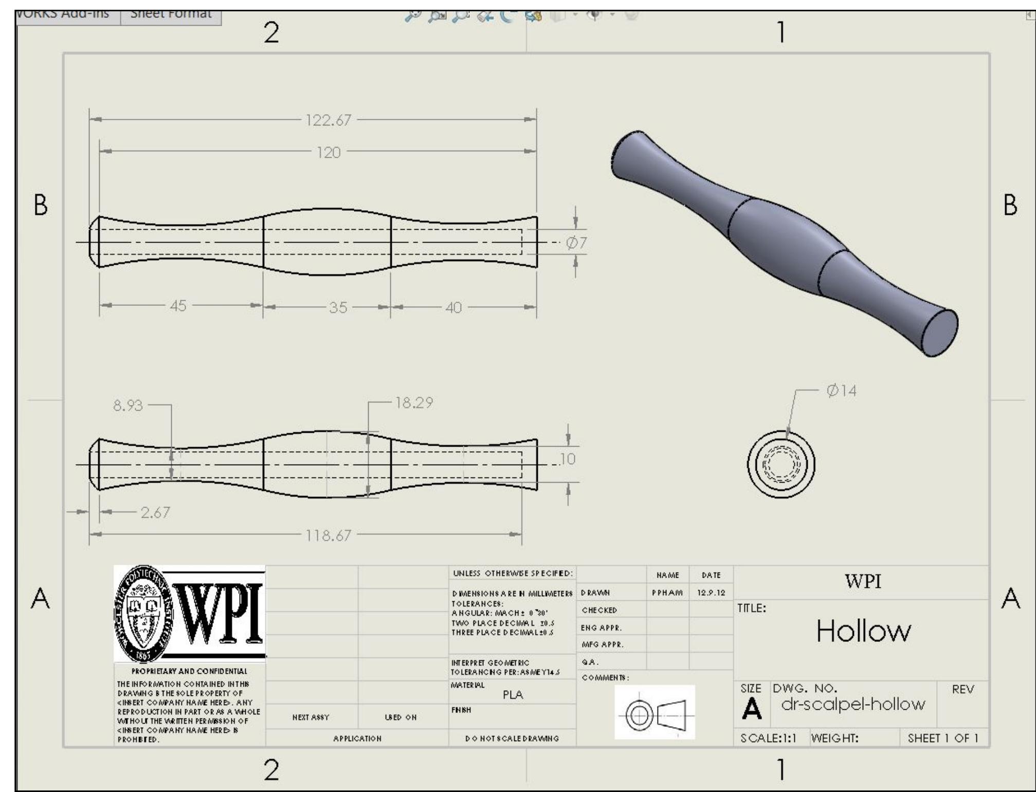 Cad drawing of the hollow design iteration approved for