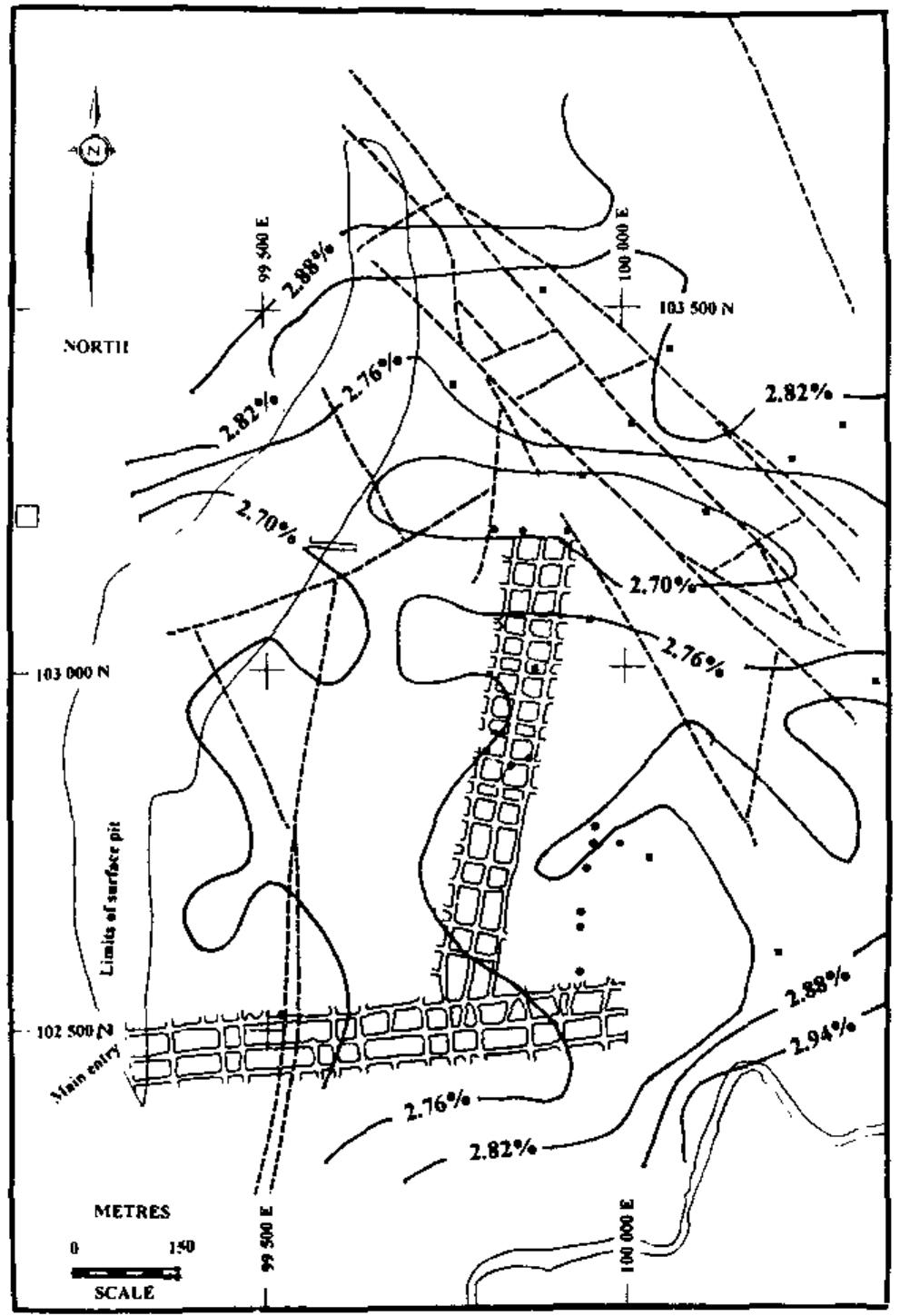 Map of 2n underground mine showing contours of total cao% in