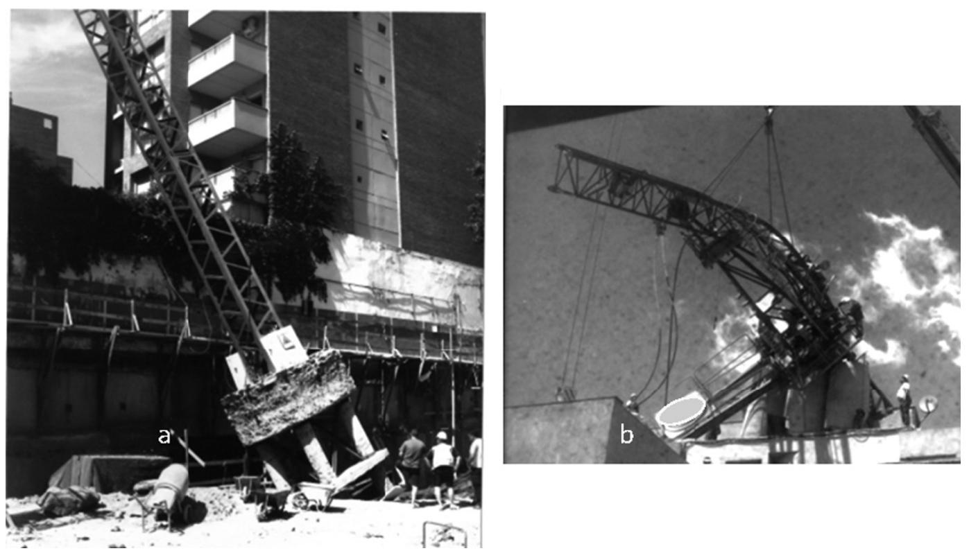 Fall of crane. (a) over building roof. (b) water tanks