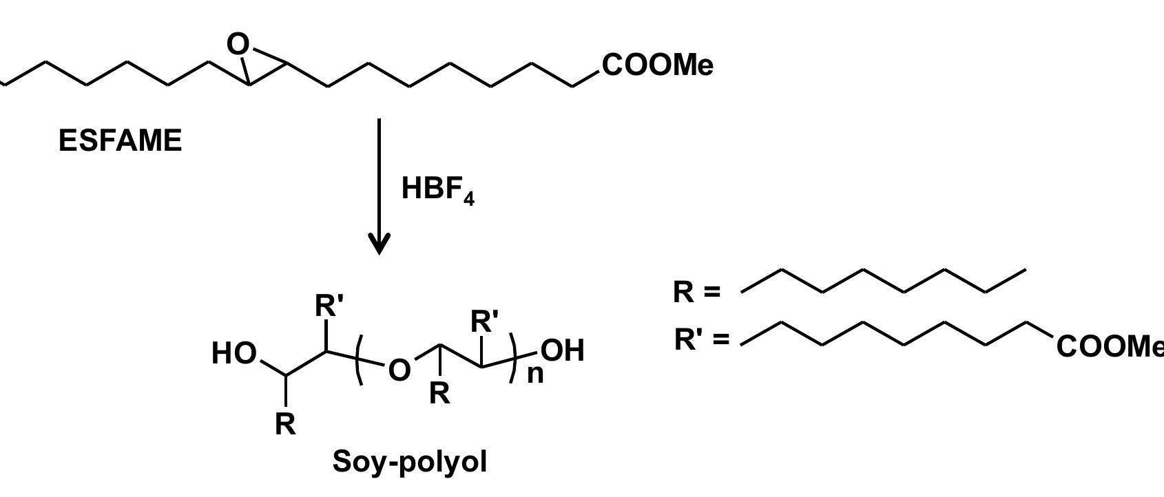 Schematic reaction scheme for synthesis of soy-polyol from