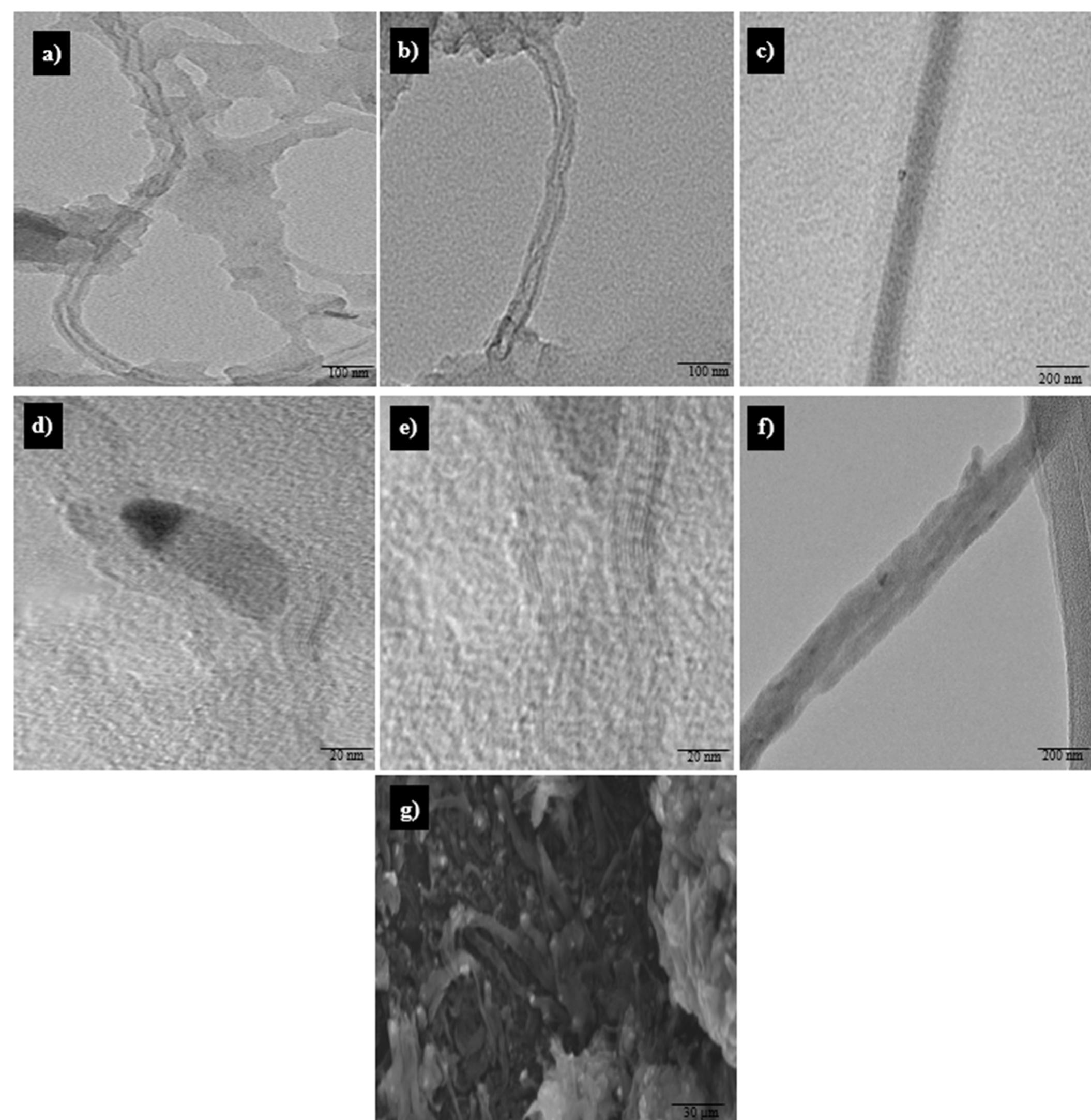 Tem images of cnts synthesized from algal biochar. a)