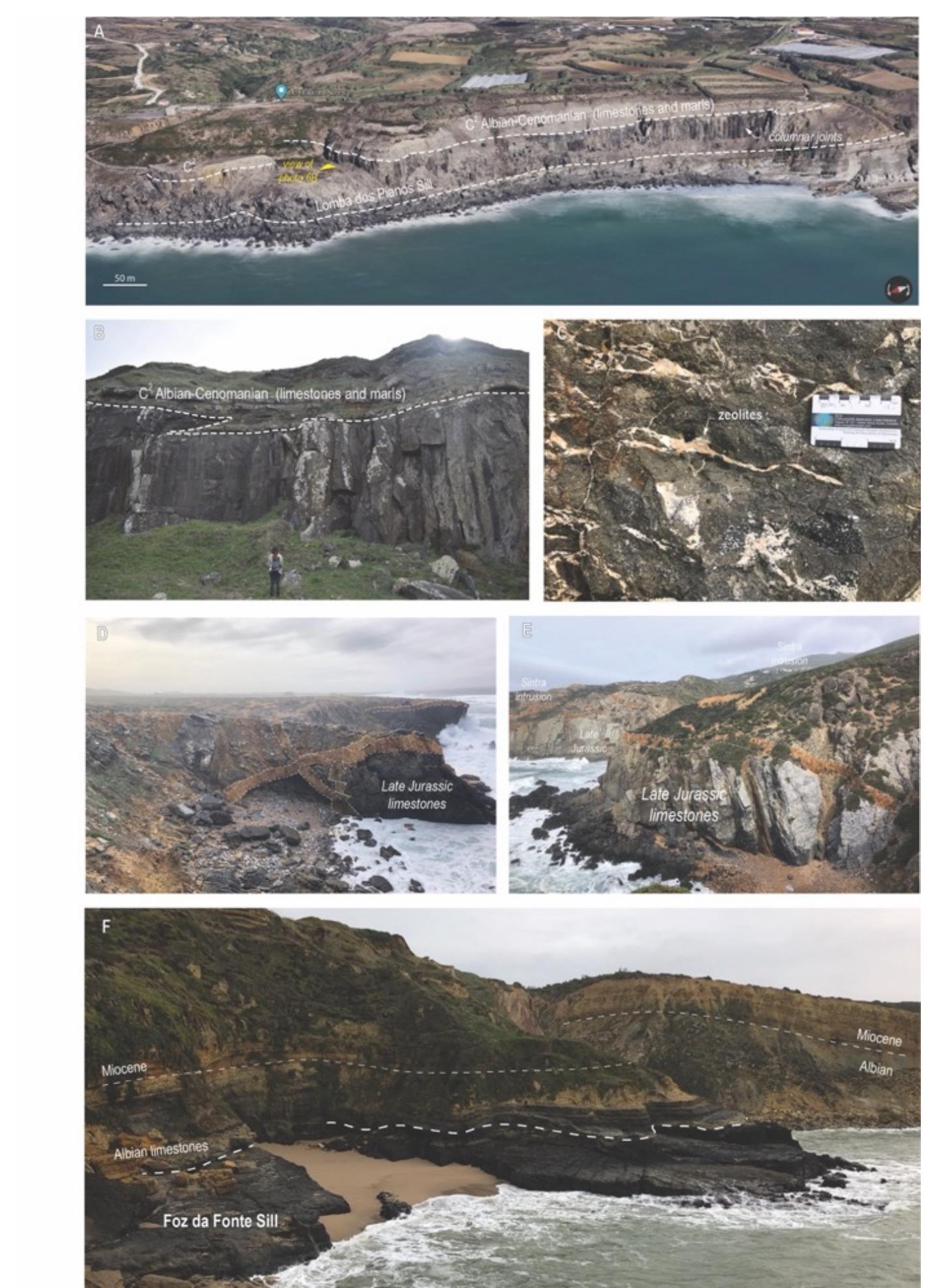 Outcropping examples or the late cretaceous magmatism. a)