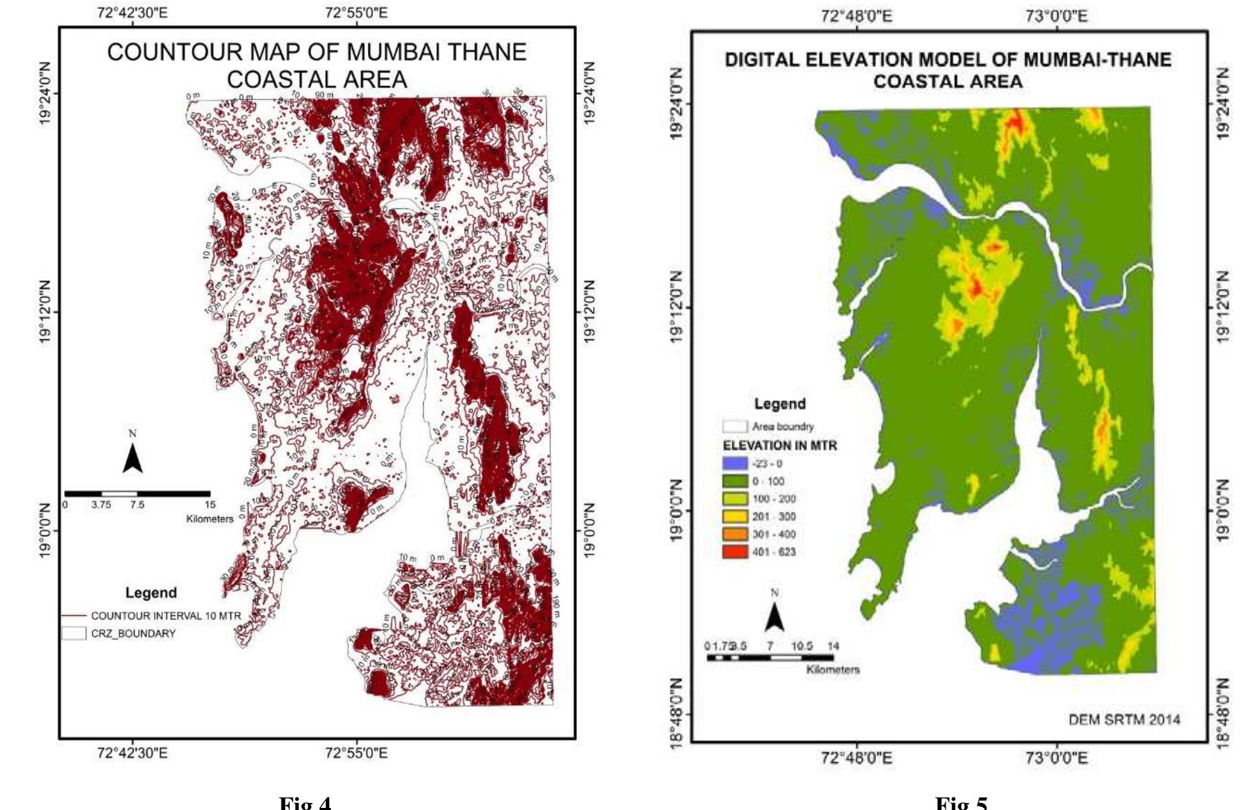 Digital elevation model and contour map of mumbai- thane