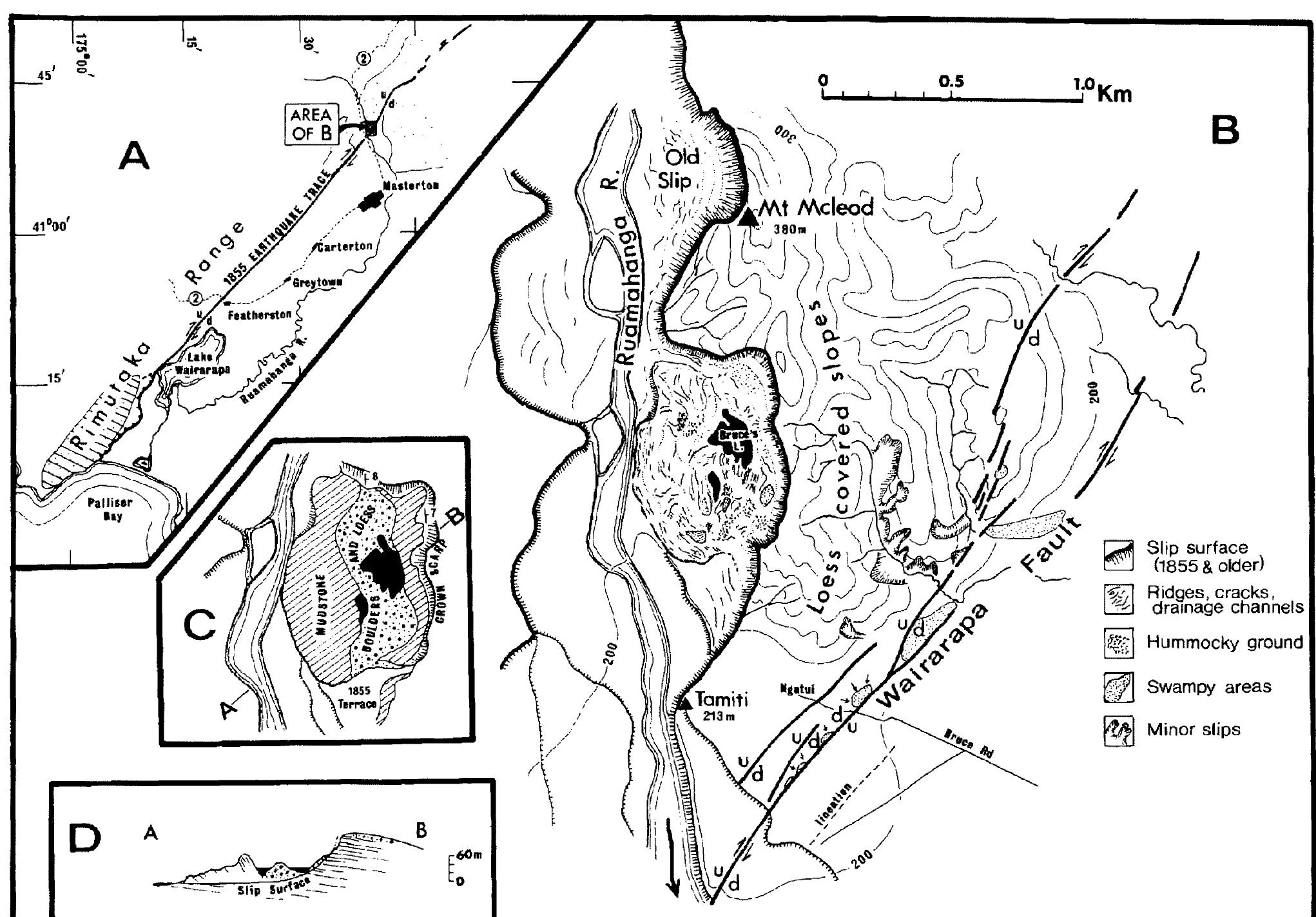 Maps and cross section of the 1855 landslide into the