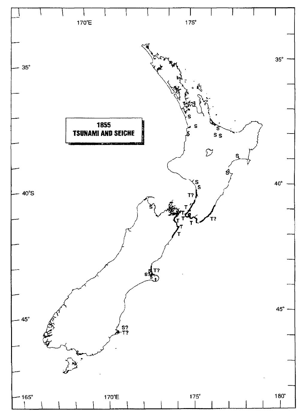 Map showing areas where seismic seiching (s) (lakes and