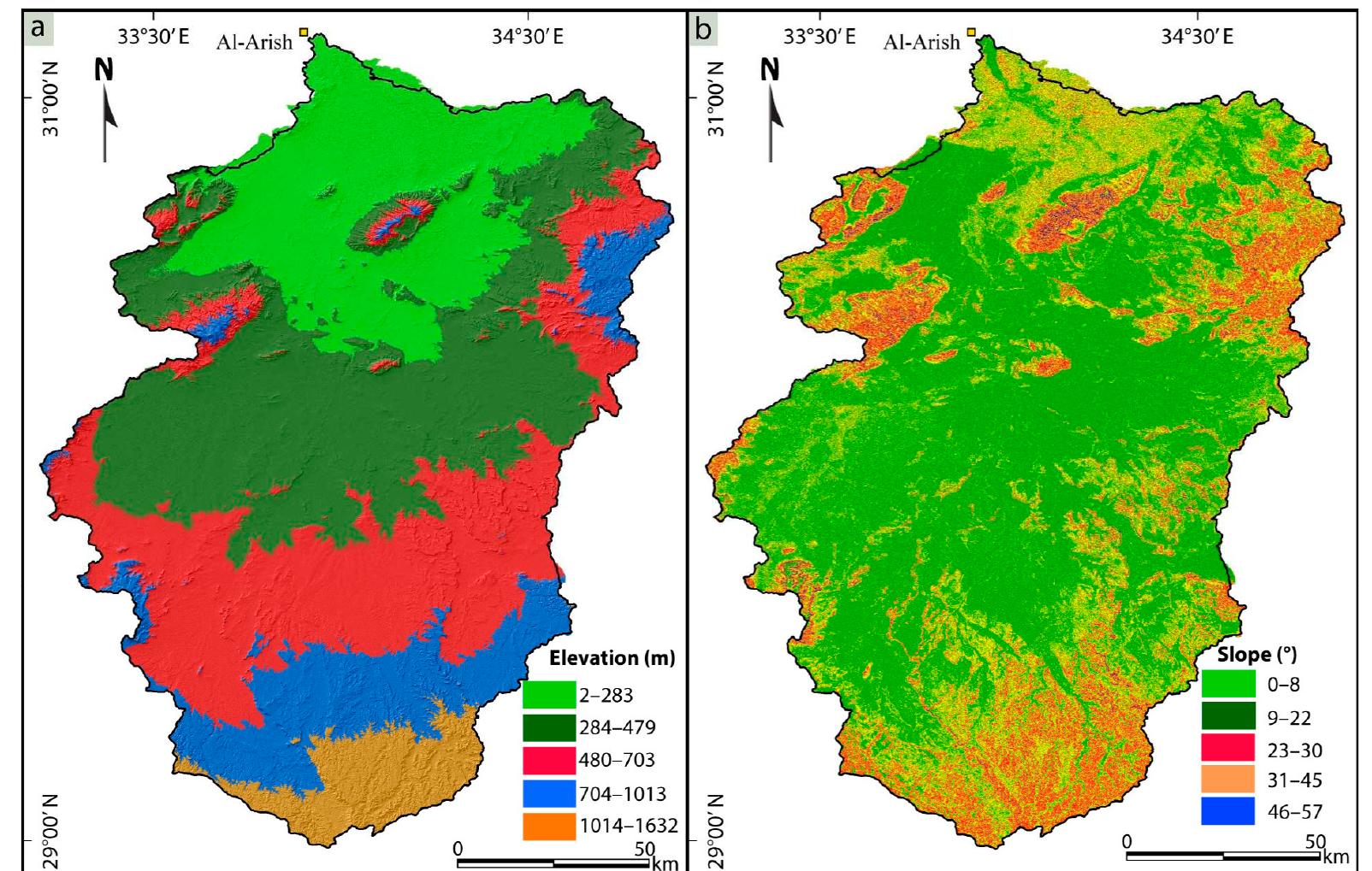 (a) digital elevation model and (b) slope maps showing the