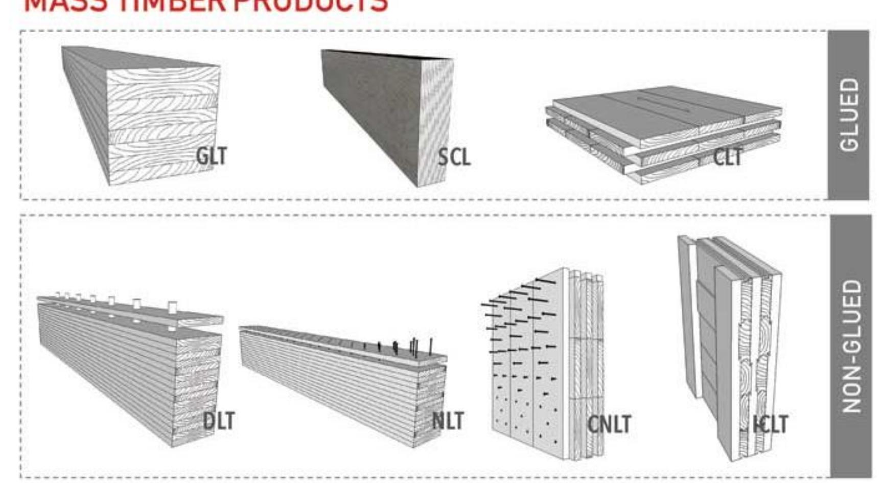 Various types of mass timber products, glued and non-glued