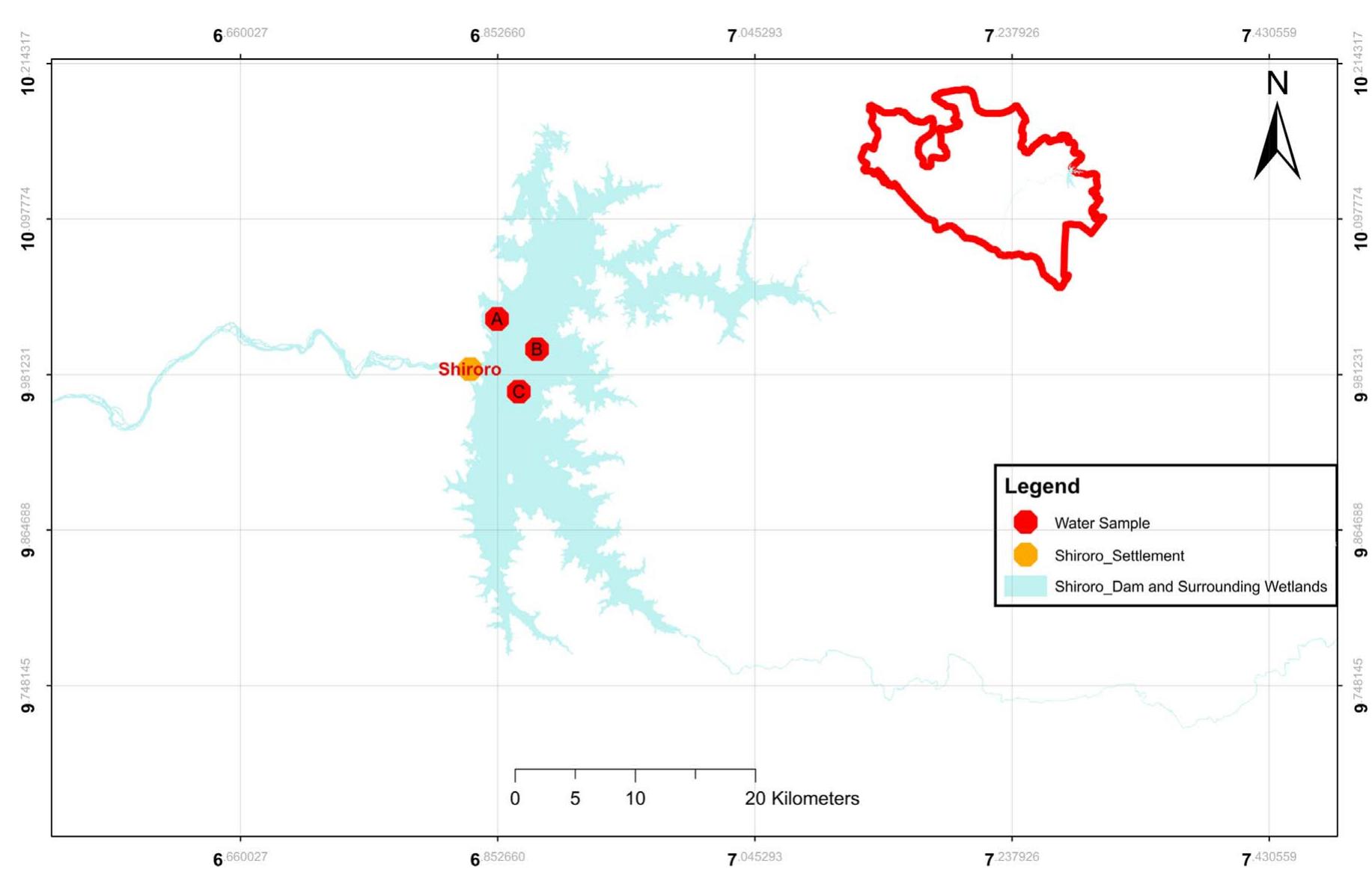 Map of shiroro lake showing the location of the sampling