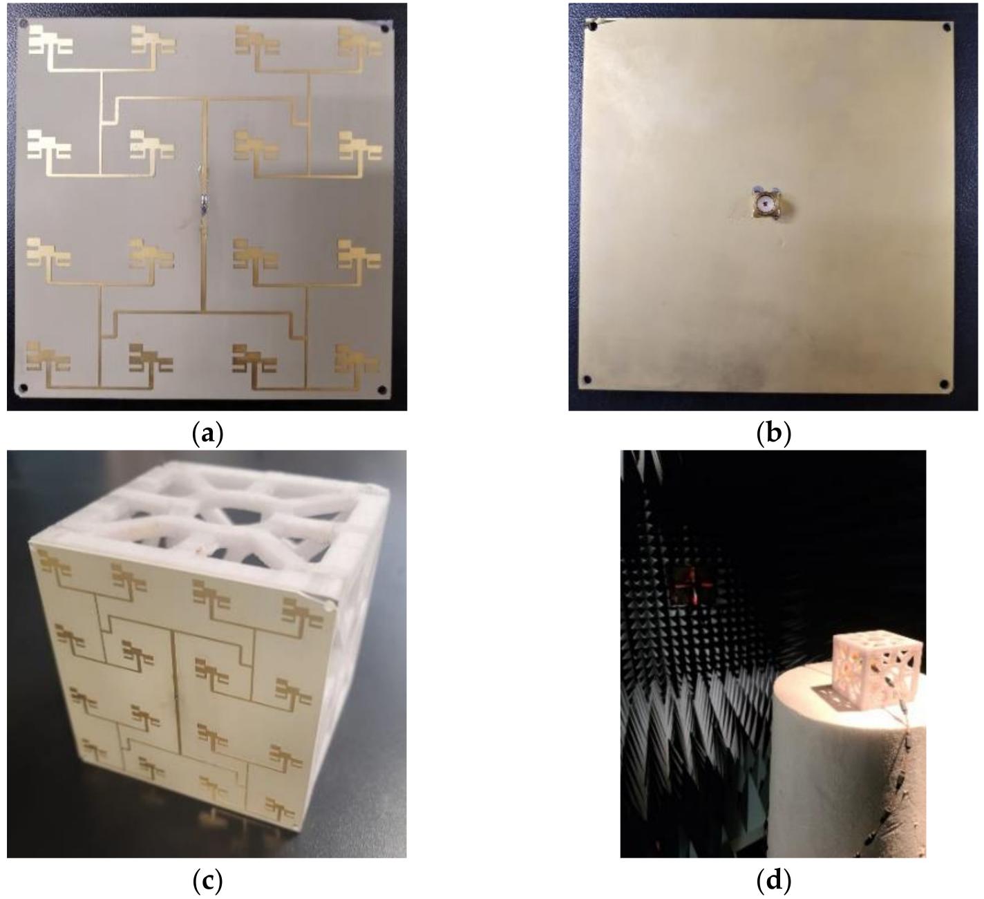 Antenna array prototype: (a) top view, (b) bottom view, (c)