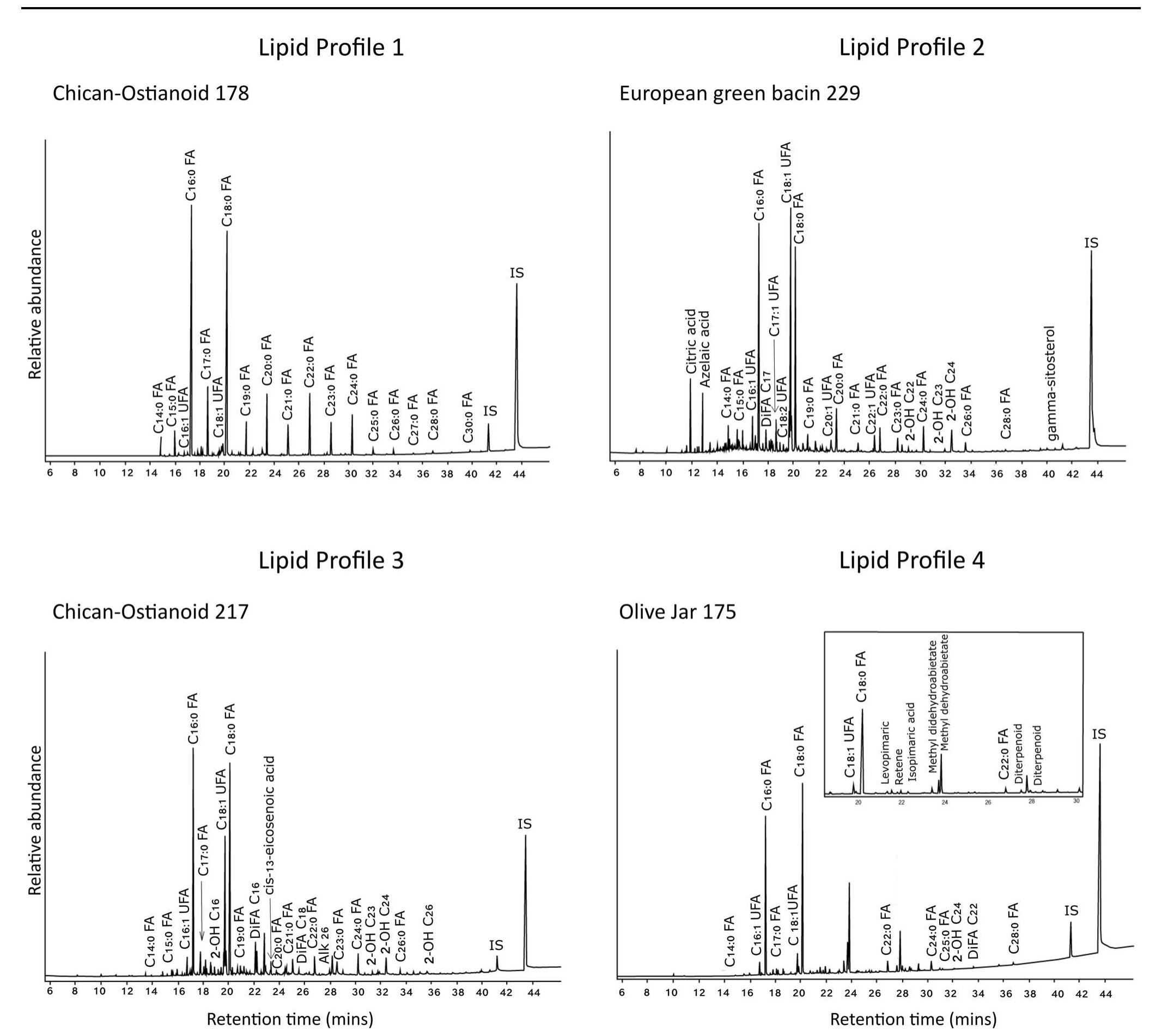 Examples of lipid profiles 1-4 shown by chromatograms