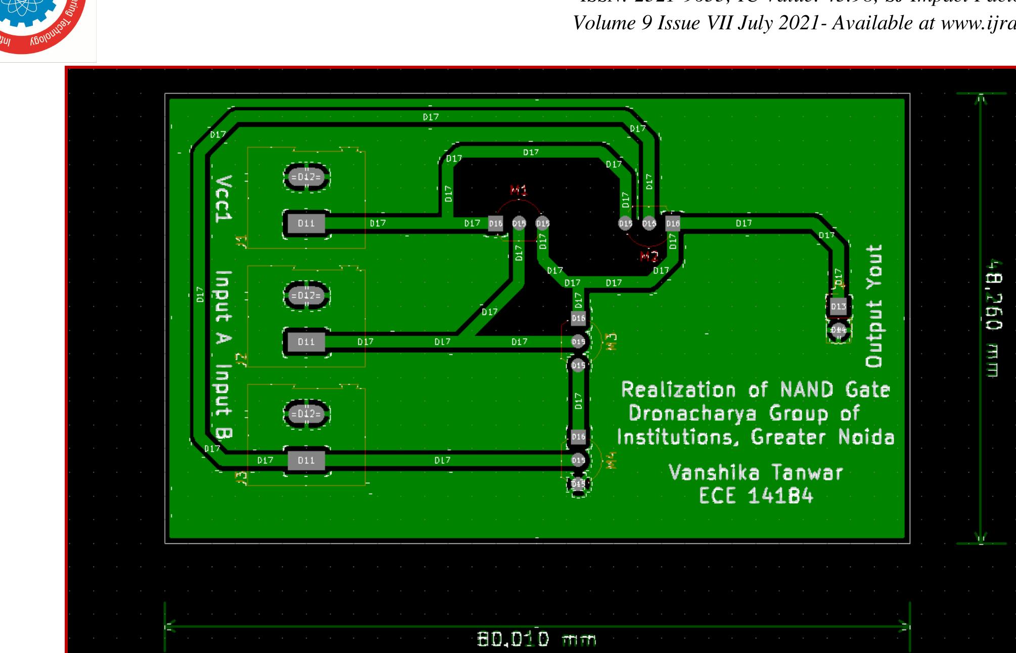 Pcb layout (gerbview) of a cmos based 2-input nand logic
