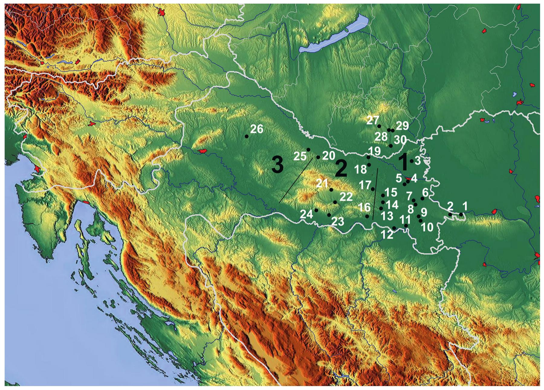 Map of sites and zones (1 eastern; 2 central; 3 western): 1