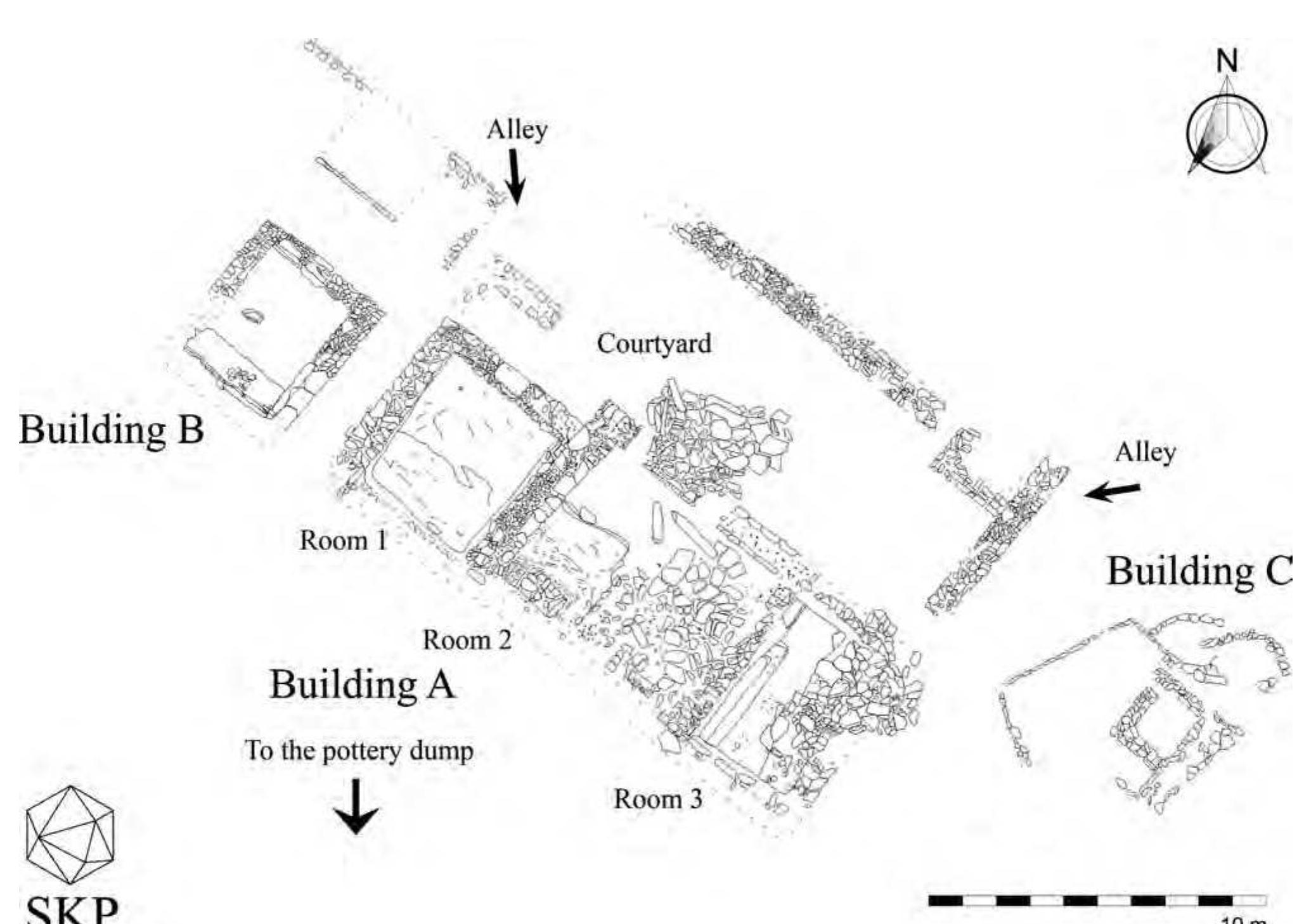 2: plan of the tripartite building complex 1: general view