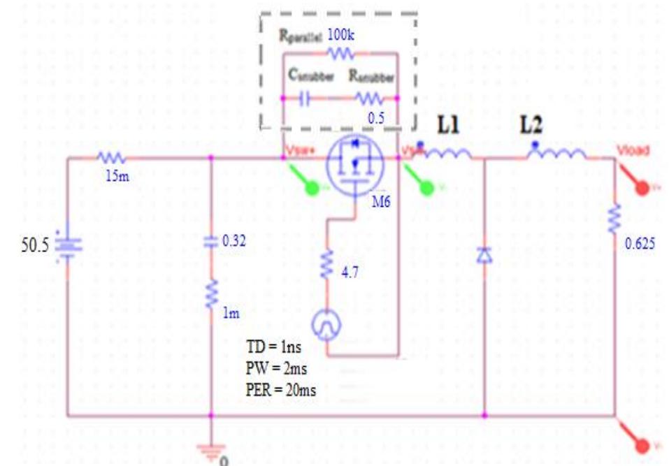 Simulation circuit of a pulse power module with snubber