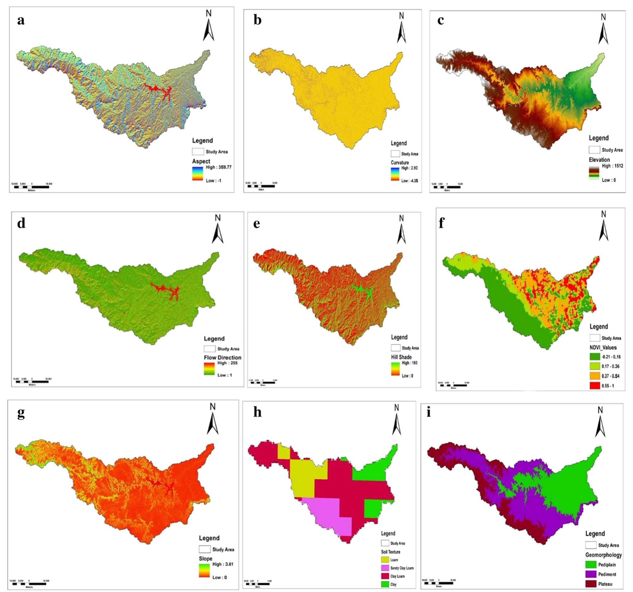 A aspect map, b curvature map, c elevation map, d flow
