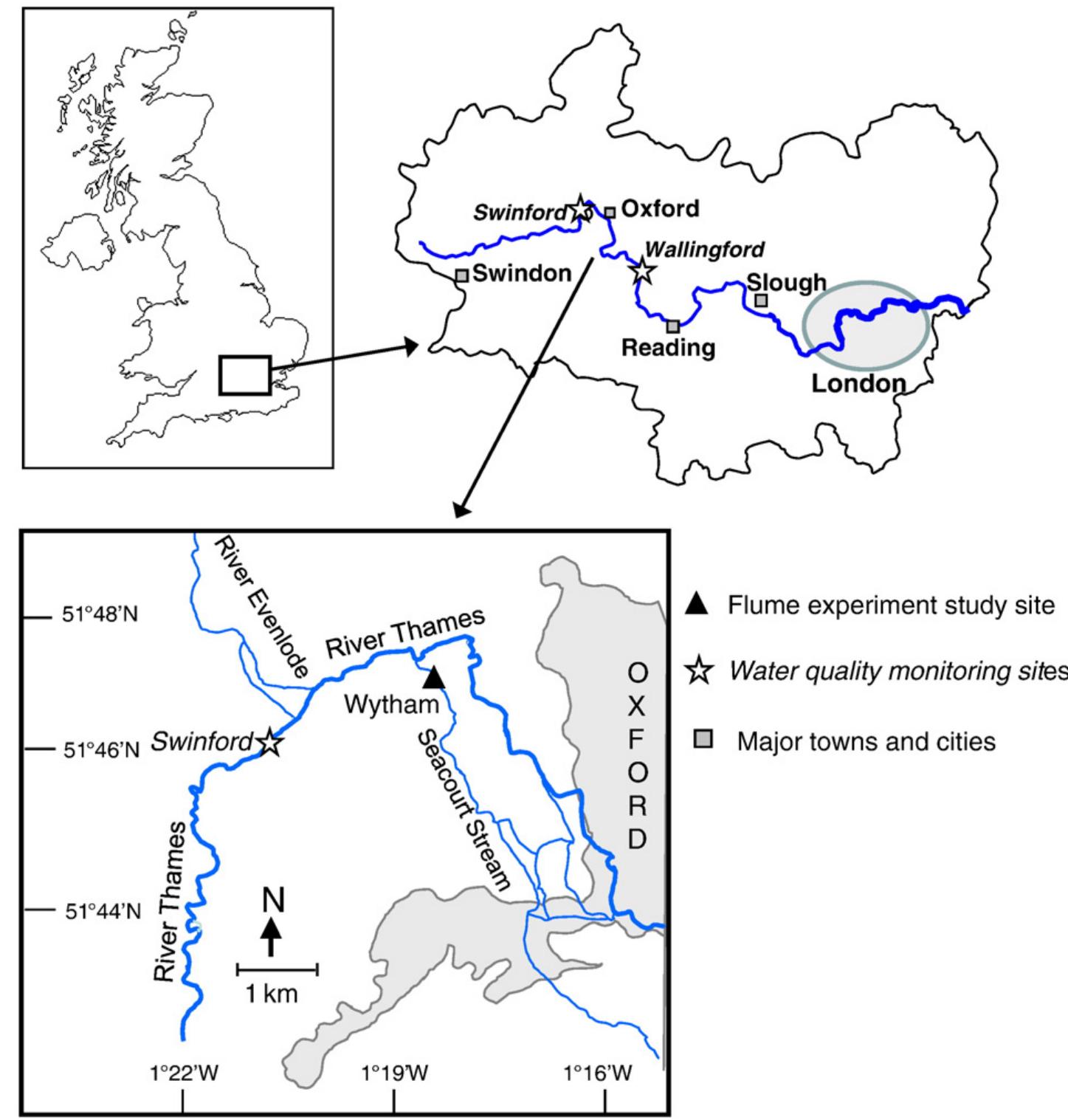 Map of thames basin, showing location of flume experiments