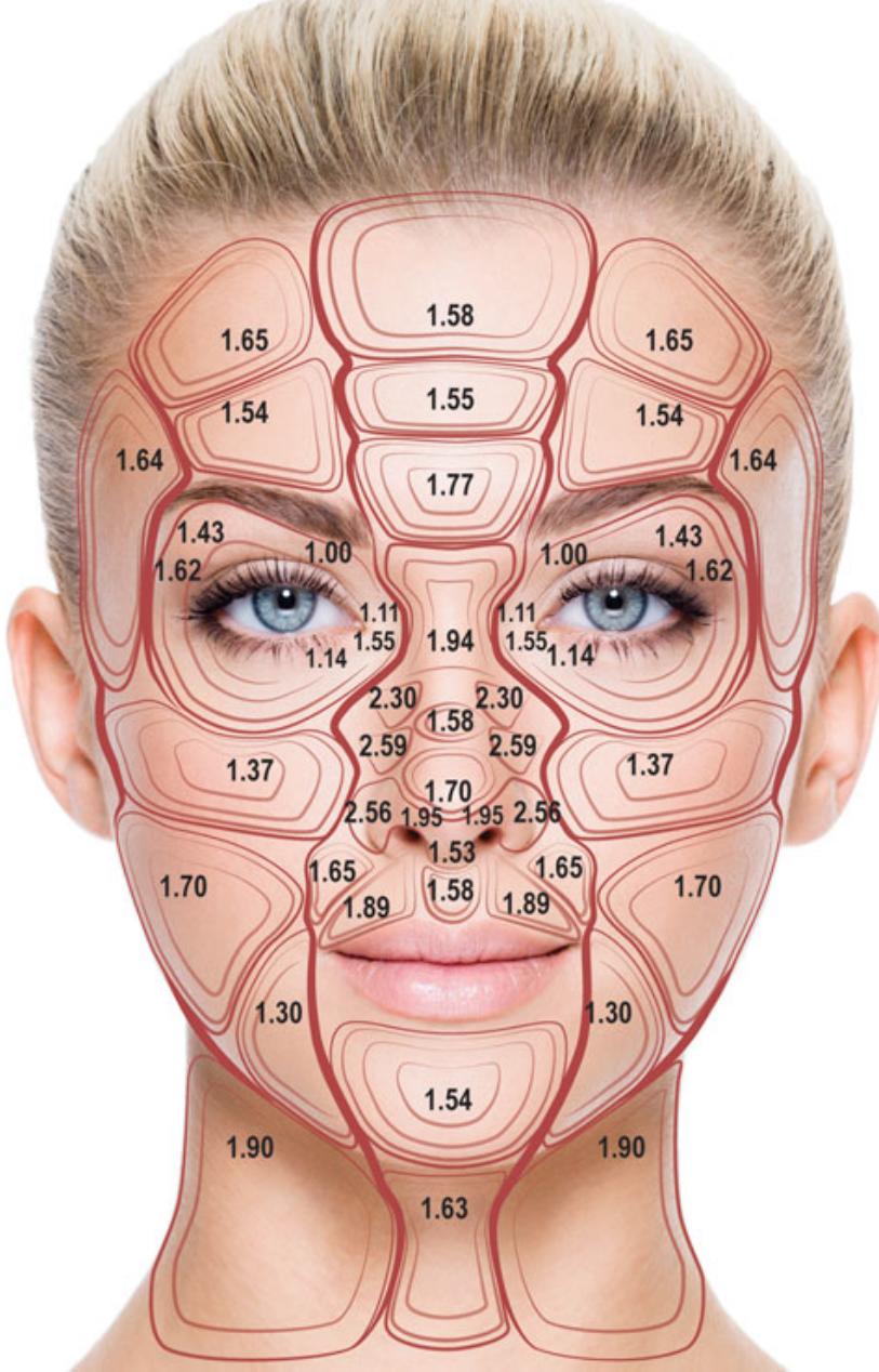 Anterior view of epidermal relative thickness (rt) values.
