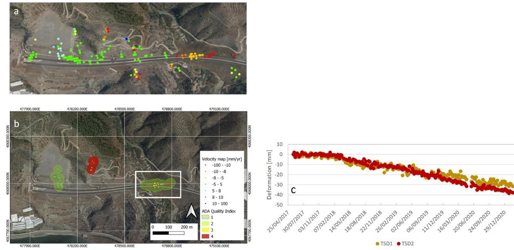 Velocity of deformation map (a) and ada map (b) of the area