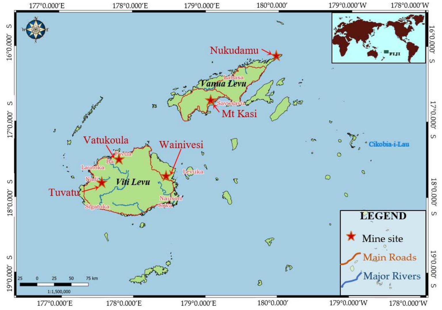 The map of fiji and locations of mt kasi, nukudamu, tuvatu,