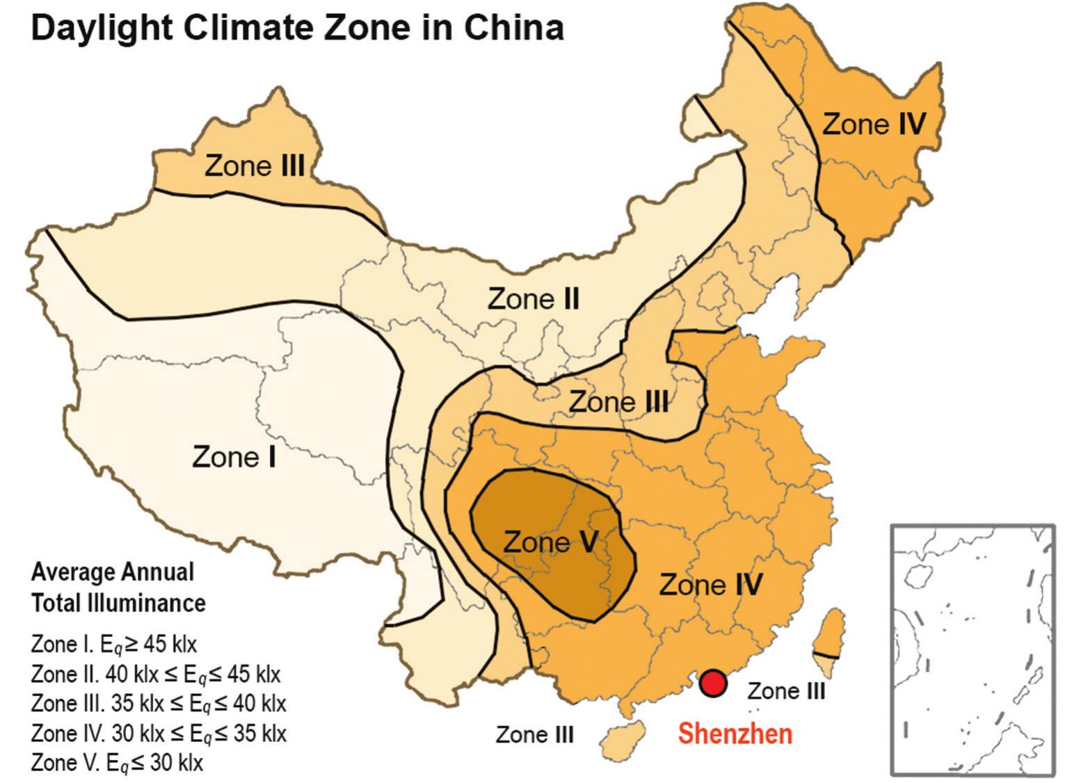 The map of daylight climate zones (dcz) and the location of